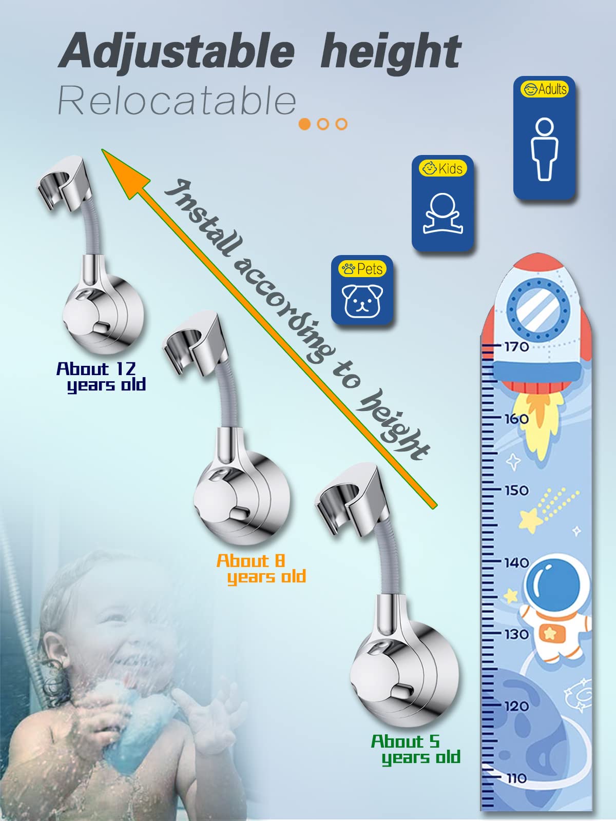 Shower Head Holder - Flexible Shower Head Holder Adjustable Vacuum Suction Cup Shower Head Wall Mount Holder for Hand Held Shower Head (Adhesive Sticker Provided) (Chrome)