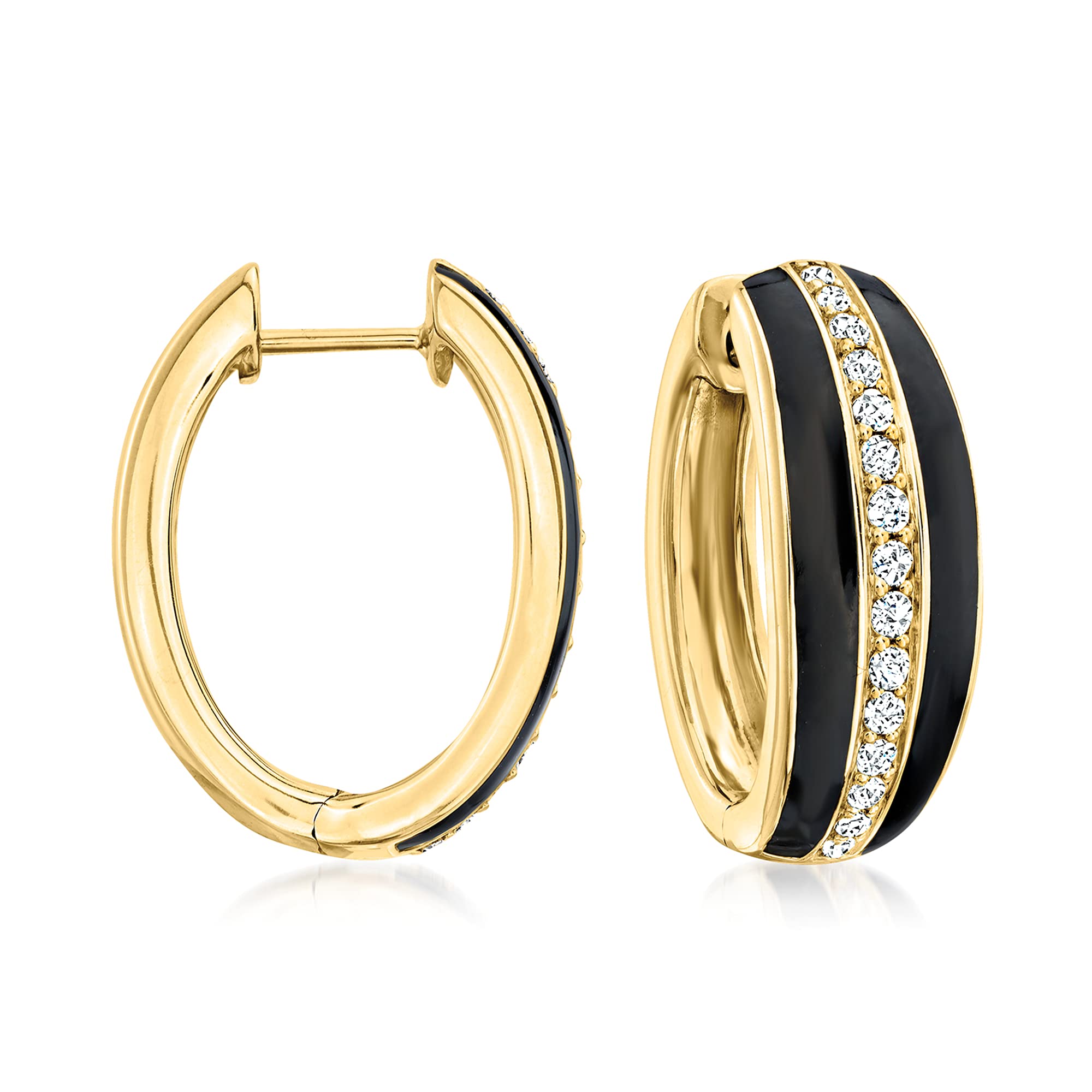 Ross-Simons 0.50 ct. t.w. Diamond and Black Enamel Hoop Earrings in 18kt Gold Over Sterling