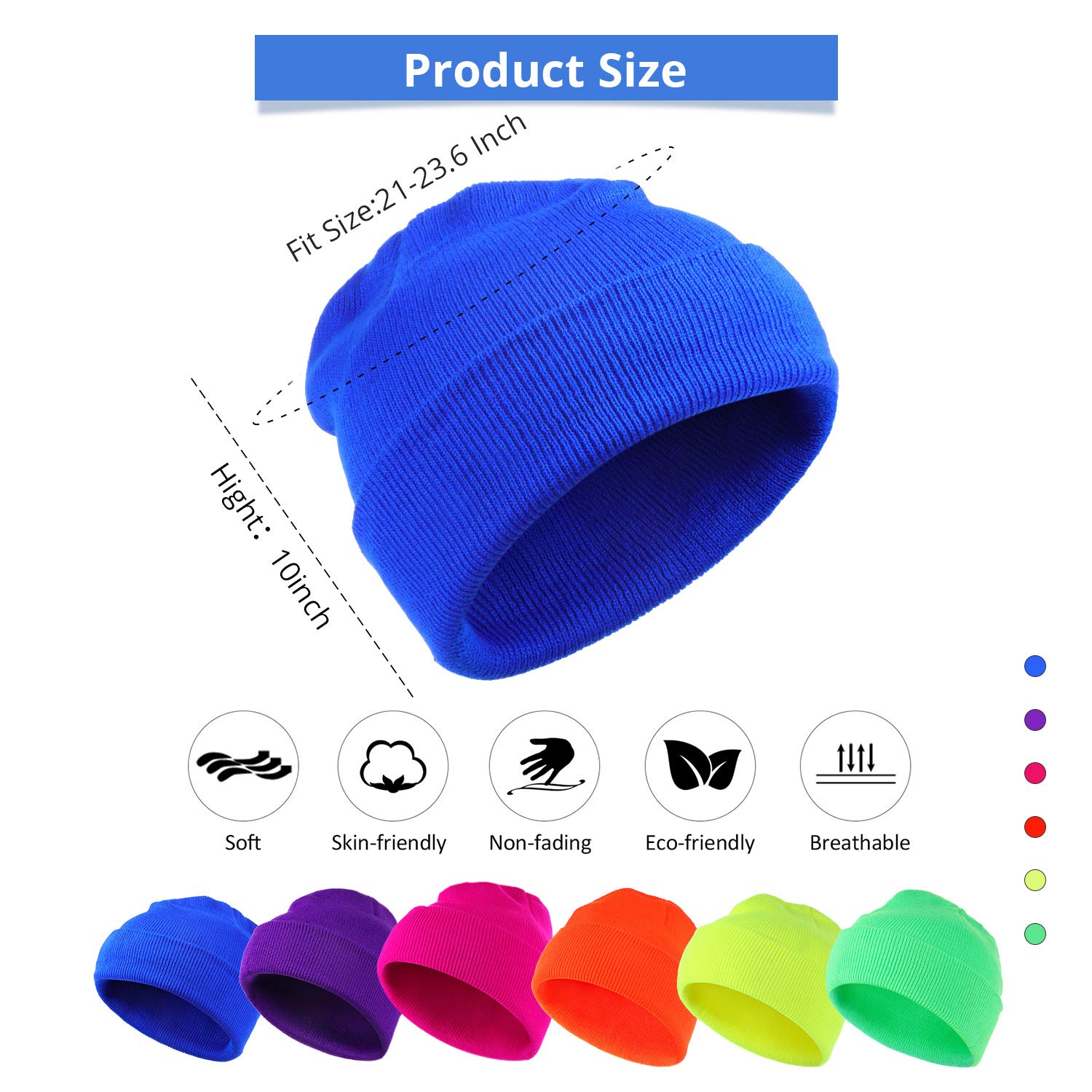 SATINIOR 6 Pieces Neon Beanie Hat Acrylic Watch Hat Plain Knit Long Skullcap Fisherman Beanie Unisex, Medium