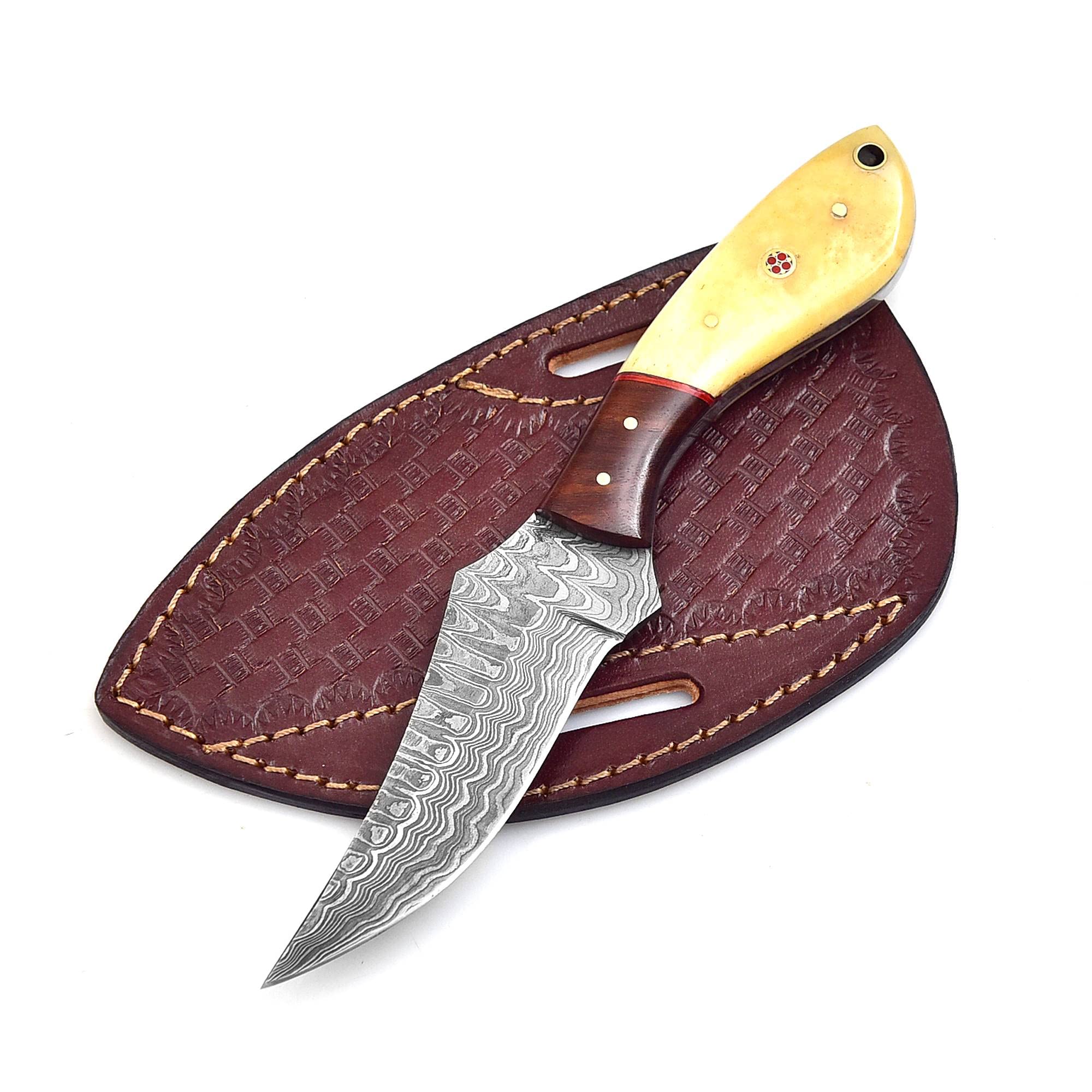Wolf Craft WOLF CARFT Handmade Damascus Steel Hunting Knife Fixed Blade, Bone & Rose Wood Handle Damascus Steel Knife Skinning Knife With Leather Sheath