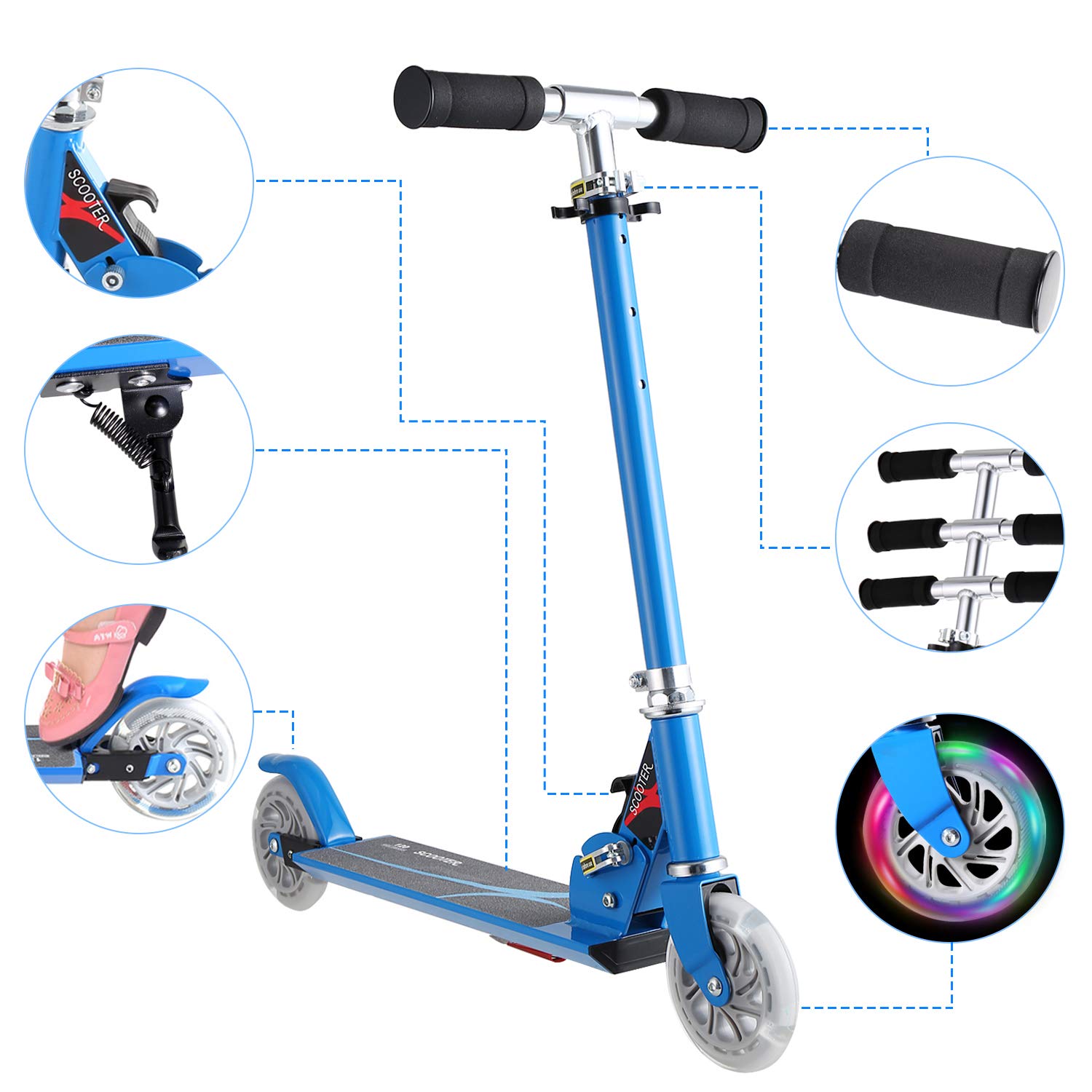WeSkate Scooter for Kids Foldable 2 Wheel Light Up Kick Scooter for Girl Adjustable Height Gift for 3-14 Years