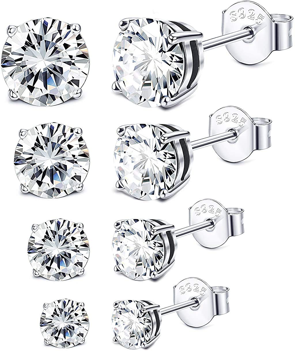 Sllaiss 3-6MM Sterling Silver Cubic Zirconia Stud Earrings for Women Men Round Cut CZ Earrings Set Hypoallergenic (Platinum Plated)