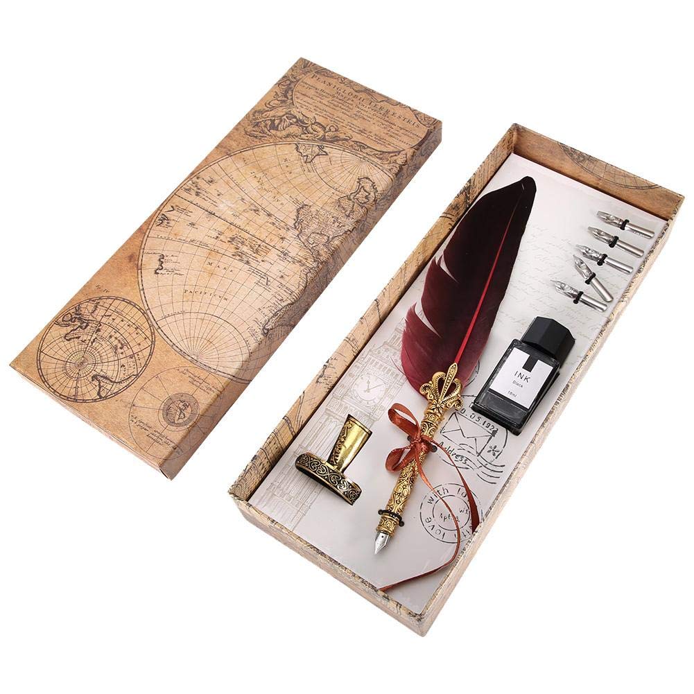 Simlug Calligraphy Pen Feather Quill Pen Set, Vintage Retro Feather Dip Pen Stainless Steel Nibs Calligraphy Writing Ink Pen Gift(Wine Red)