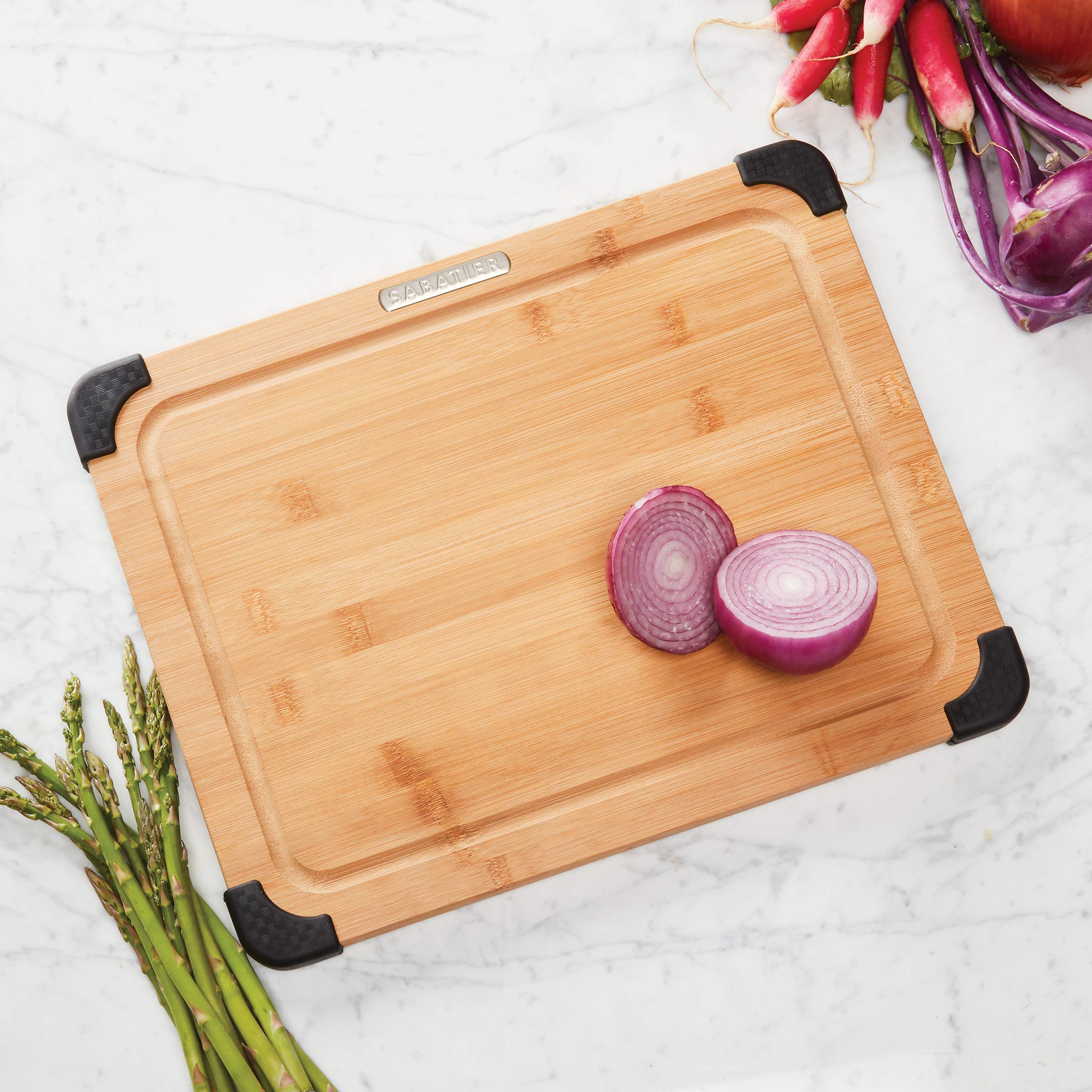 Sabatier Bamboo Cutting Board with Non-Slip Edges, Large Kitchen Chopping Board with Perimeter Juice Trench, 11-inch x 14-Inch, Bamboo