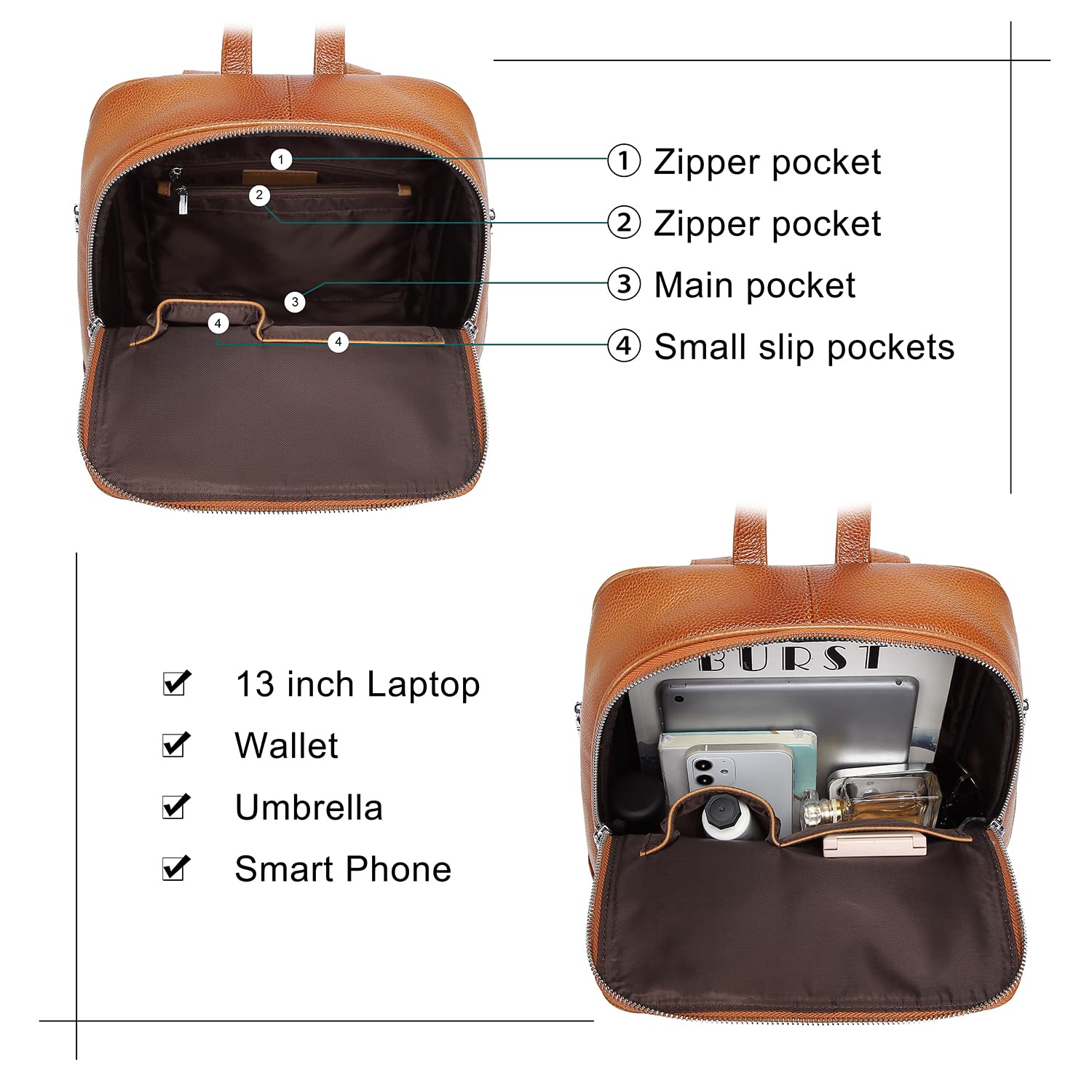 Women Genuine Leather Backpack Purse Casual Fashion Travel Bag (Brown.) One Size