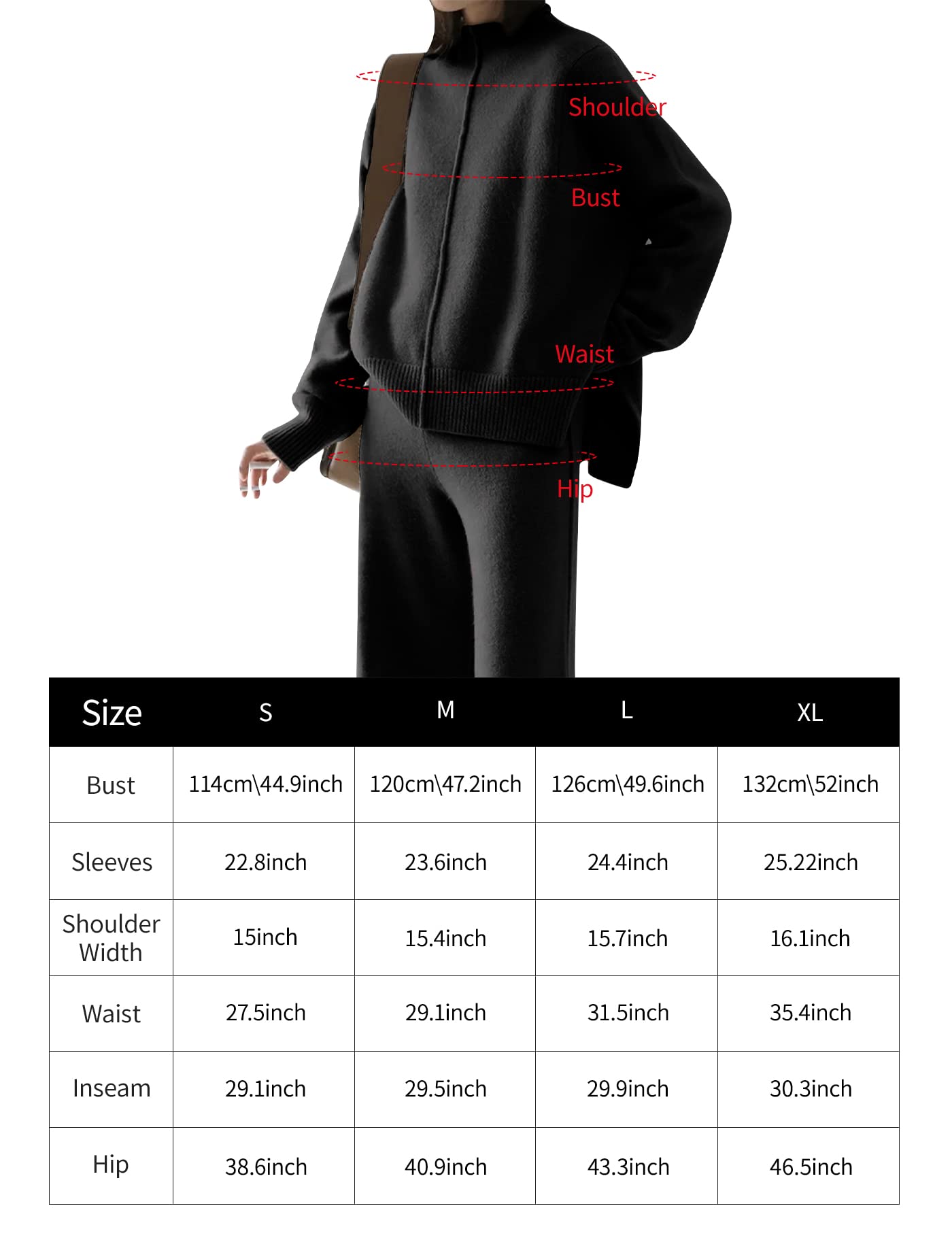 Women's 2 Piece Set Long Sleeve Knit High Neck Pullover Sweater Top and Wide Leg Pants Sweatsuit(Black-M)