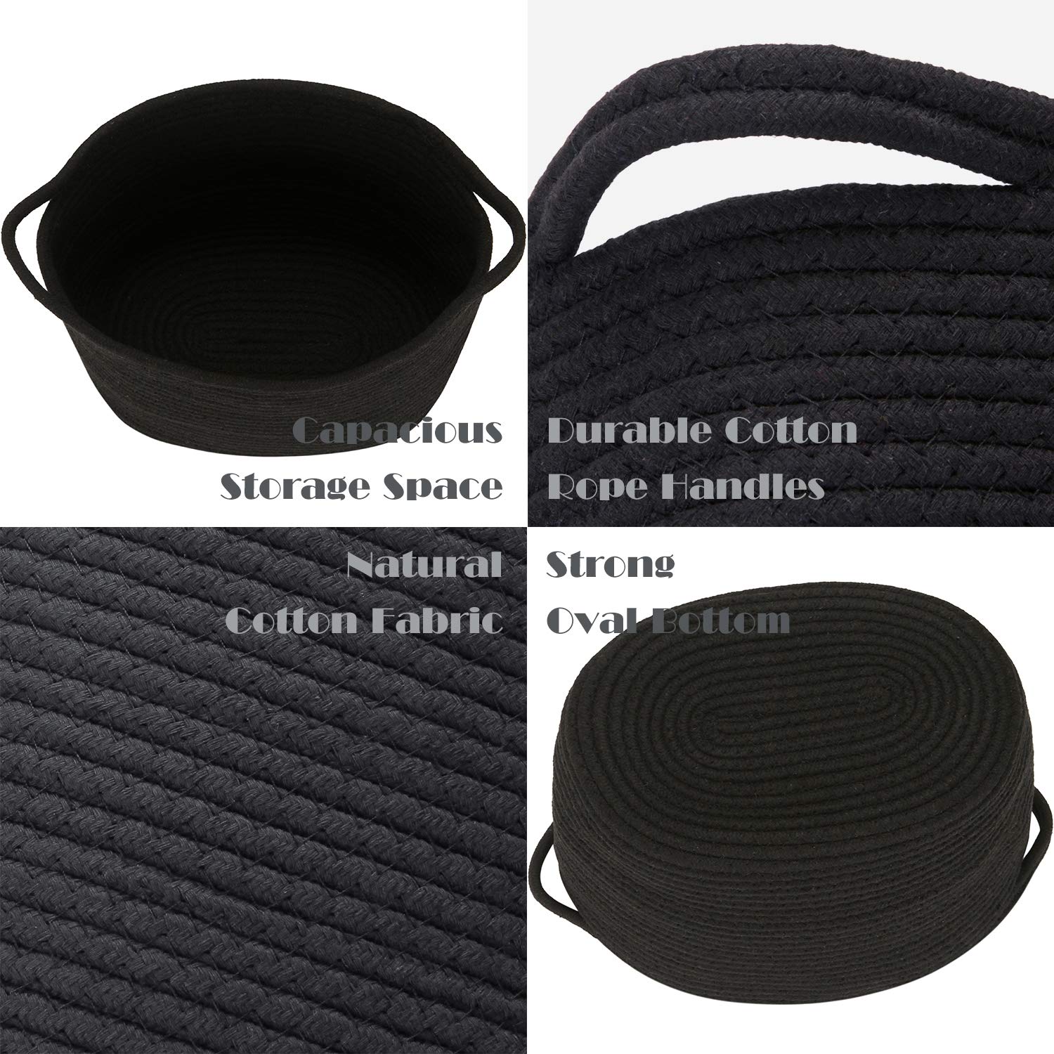 Sea Team Oval Cotton Rope Woven Storage Basket with Handles, Diaper Caddy, Nursery Nappies Organizer, Baby Shower Basket for Kid's Room, 14.2 x 9 x 11.4 Inches (Medium Size, Black)