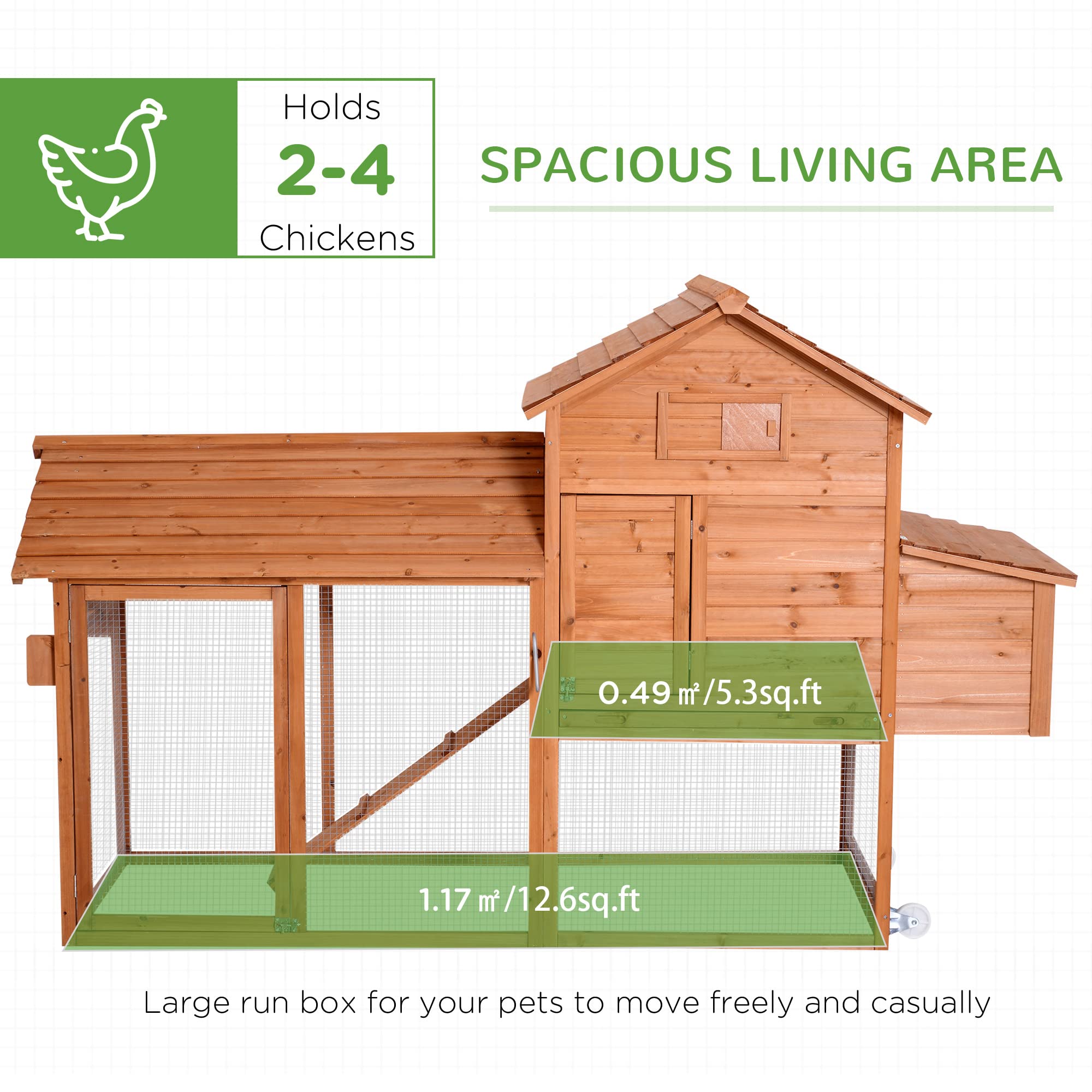 PawHut 83” Wooden Portable Backyard Chicken Coop With Fenced Run And Wheels