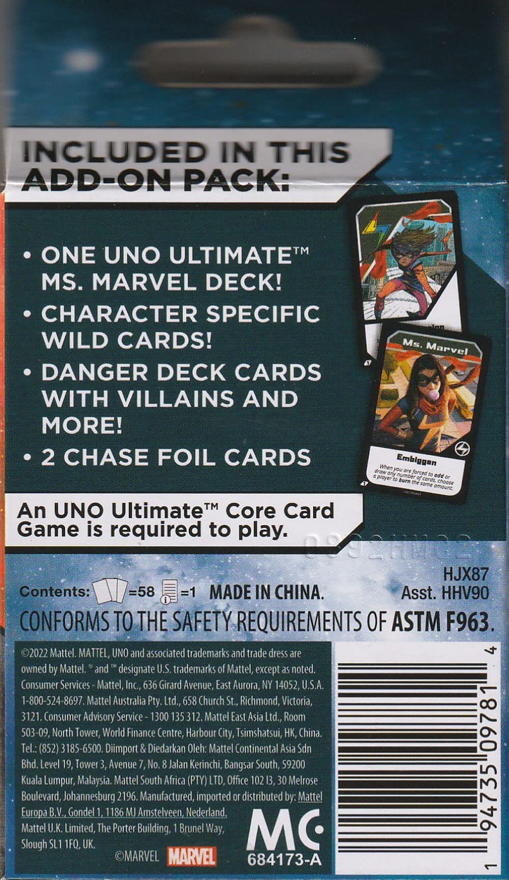 UNO Ultimate Marvel Card Game Add-On Pack with Ms. Marvel Character Deck & 2 Collectible Foil Cards