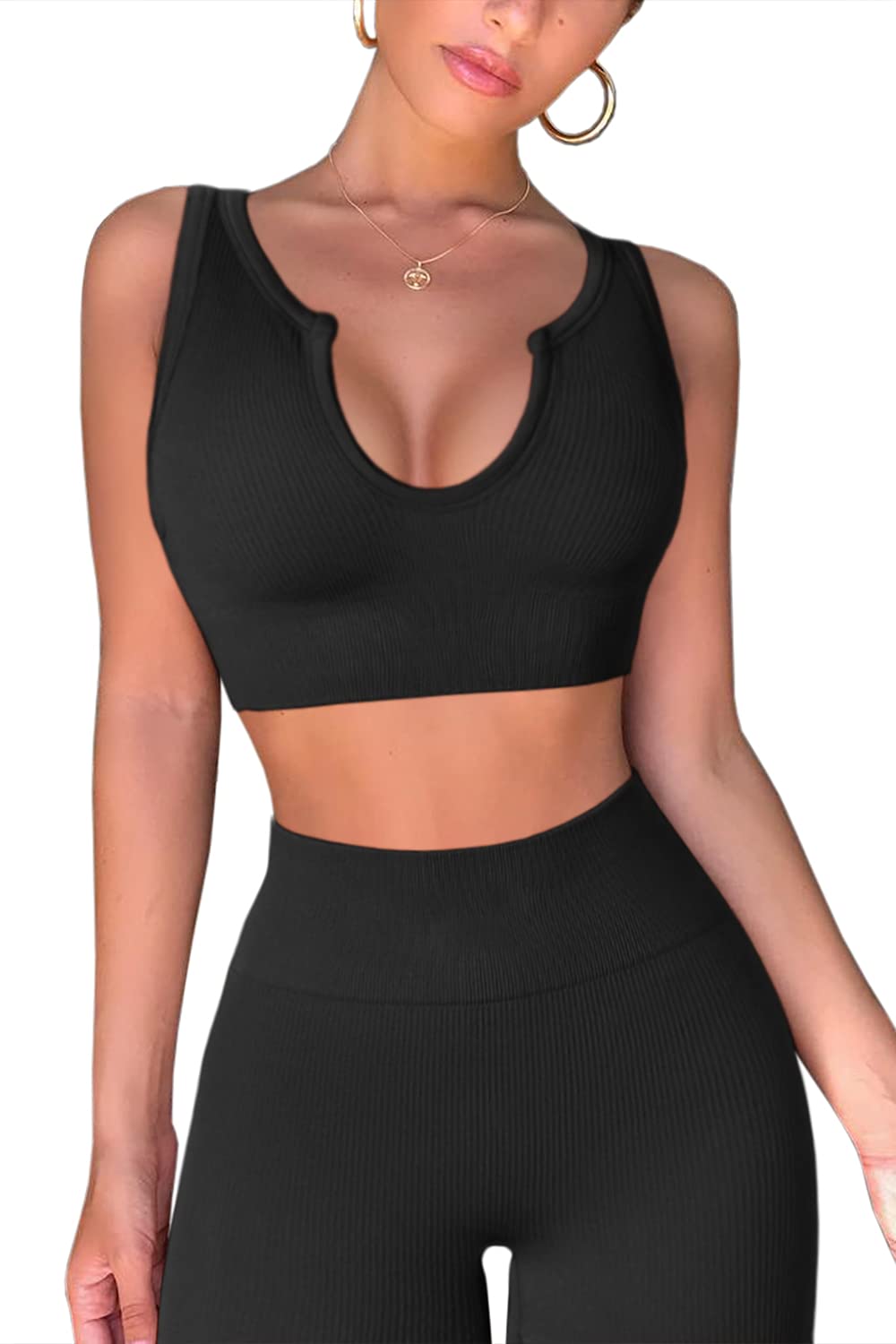 QINSEN Workout Leggings for Women High Waist,Seamless Workout Bra 2 Piece Outfits Set Black M