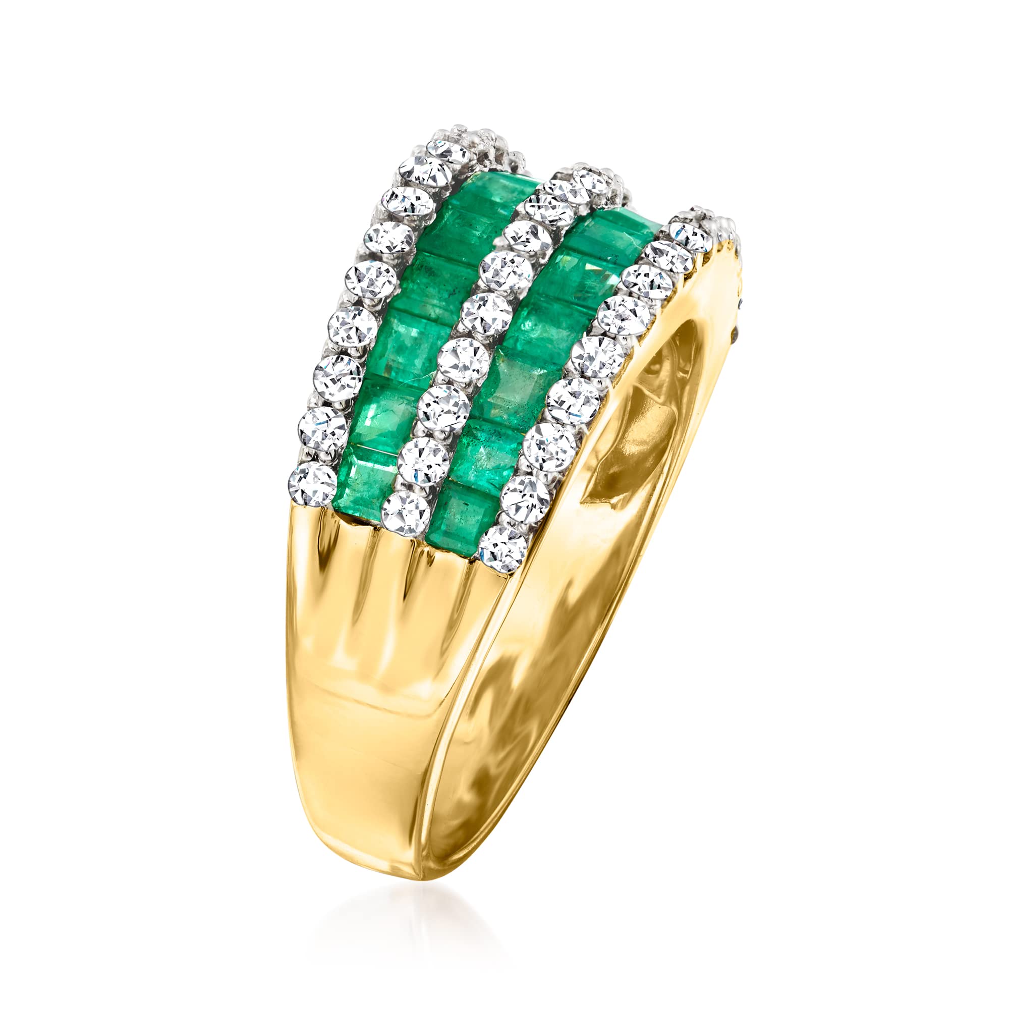 Ross-Simons 1.50 ct. t.w. Emerald and .73 ct. t.w. Diamond Multi-Row Dome Ring in 14kt Yellow Gold. Size 7