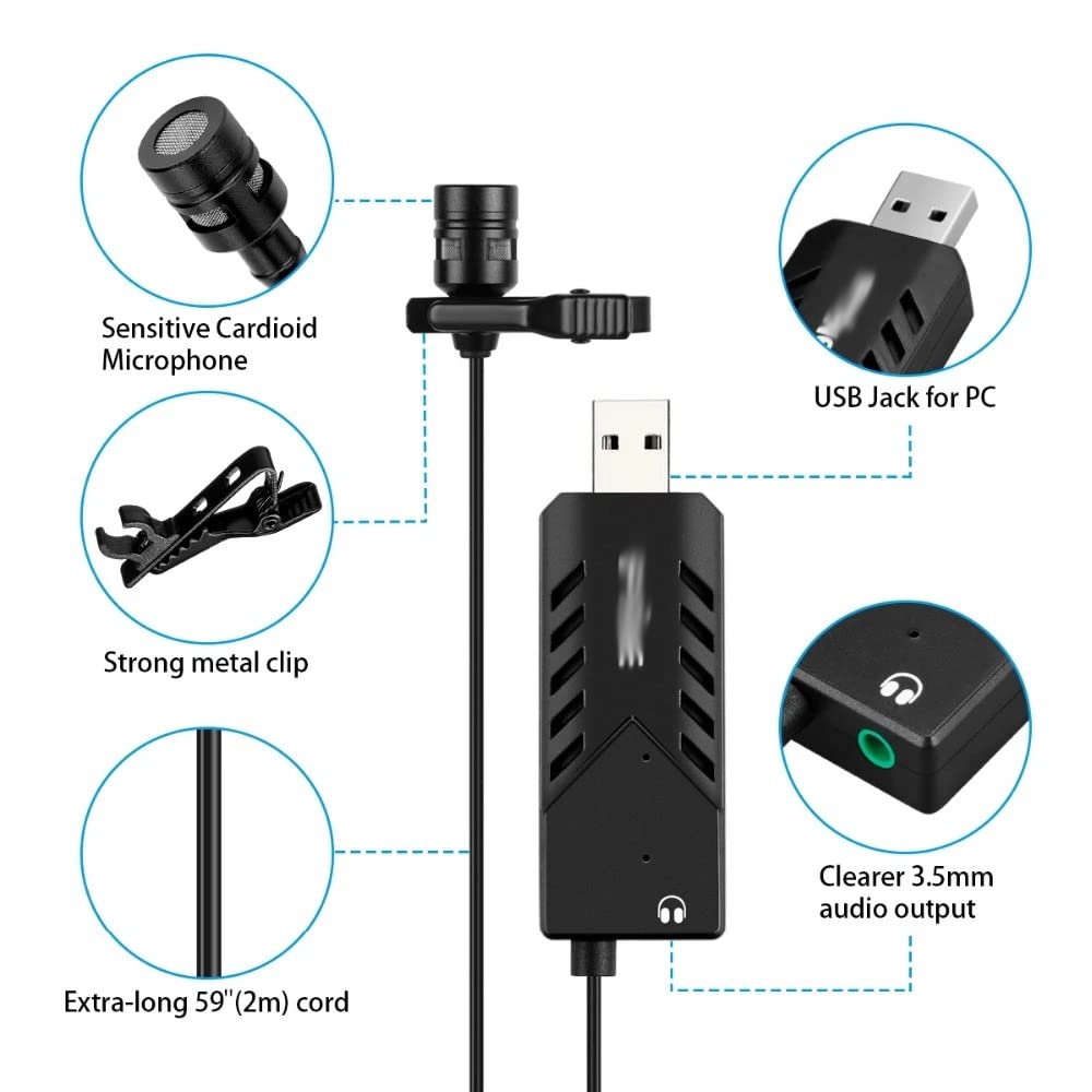 ZSEDP Lavalier Clip-on Cardioid Condenser Computer Mic Pluging and Play USB Microphone with Sound Card for PC