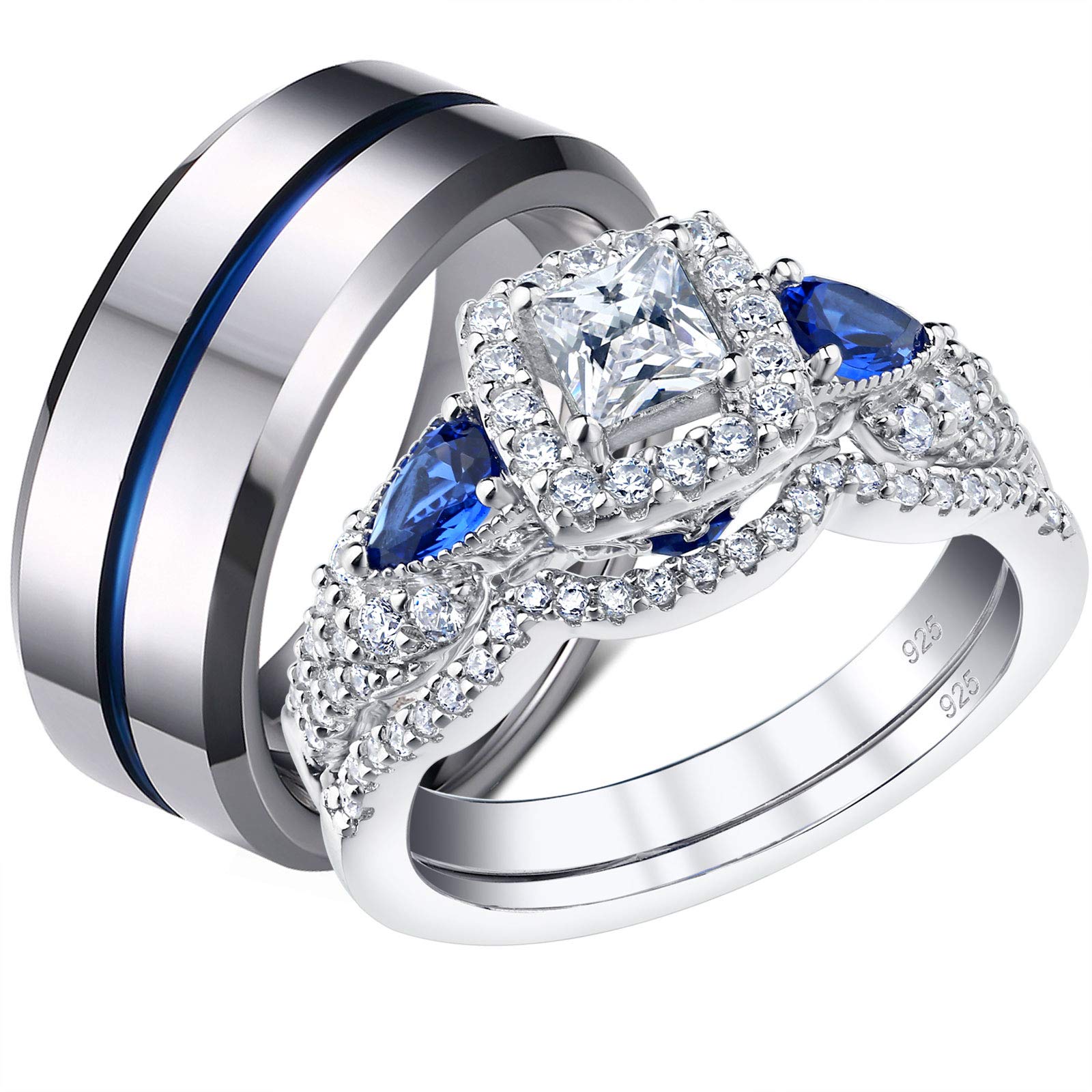 SHELOVES Wedding Rings Set for Couple Womens Cz Sterling Silver Mens Blue Tungsten Bands Him and Her 8+9