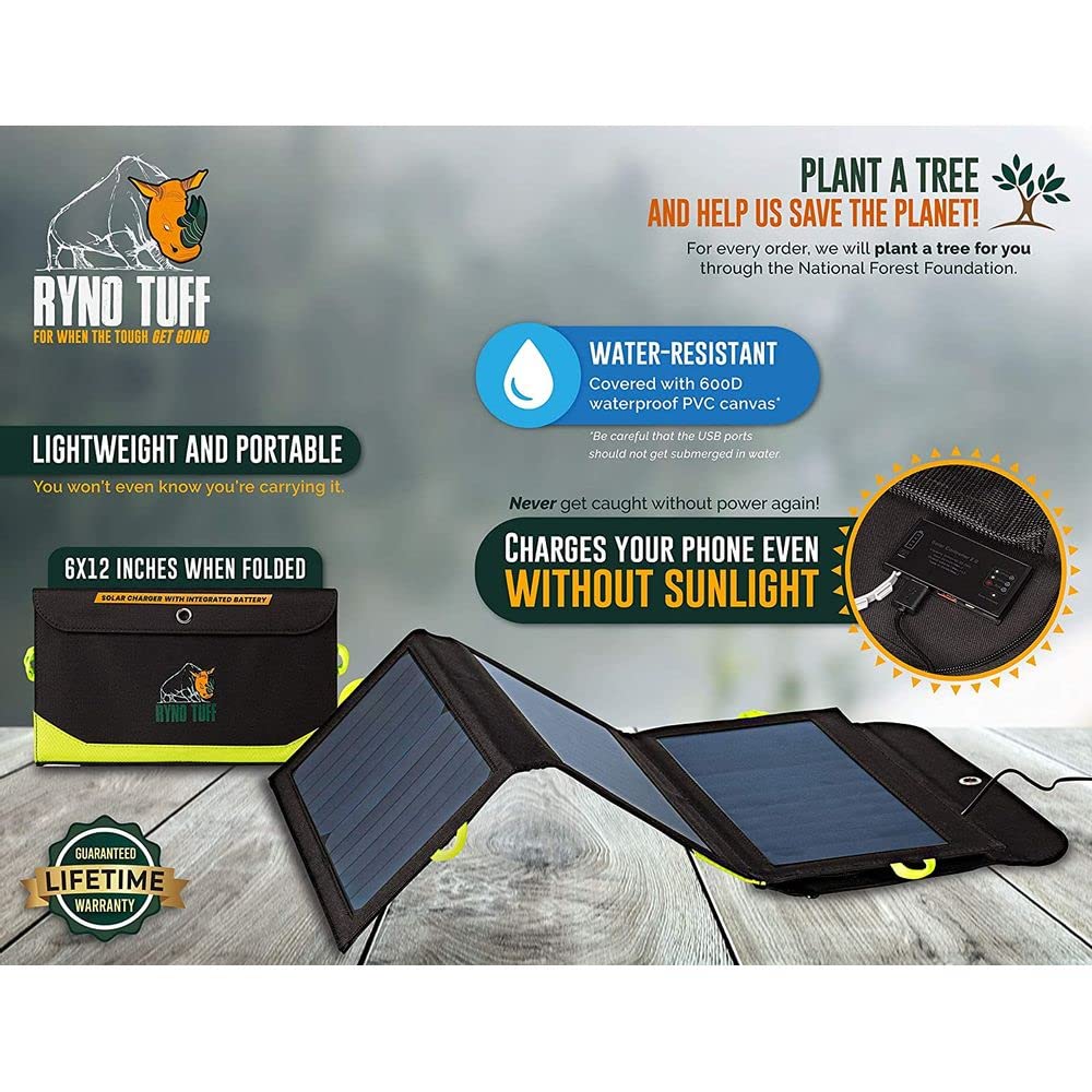 Ryno Tuff Solar Charger With Integrated Battery - Portable Solar Charger for Camping - 21W Foldable Solar Panel Charger 2 USB Ports - Waterproof & Durable Compatible With Most Devices