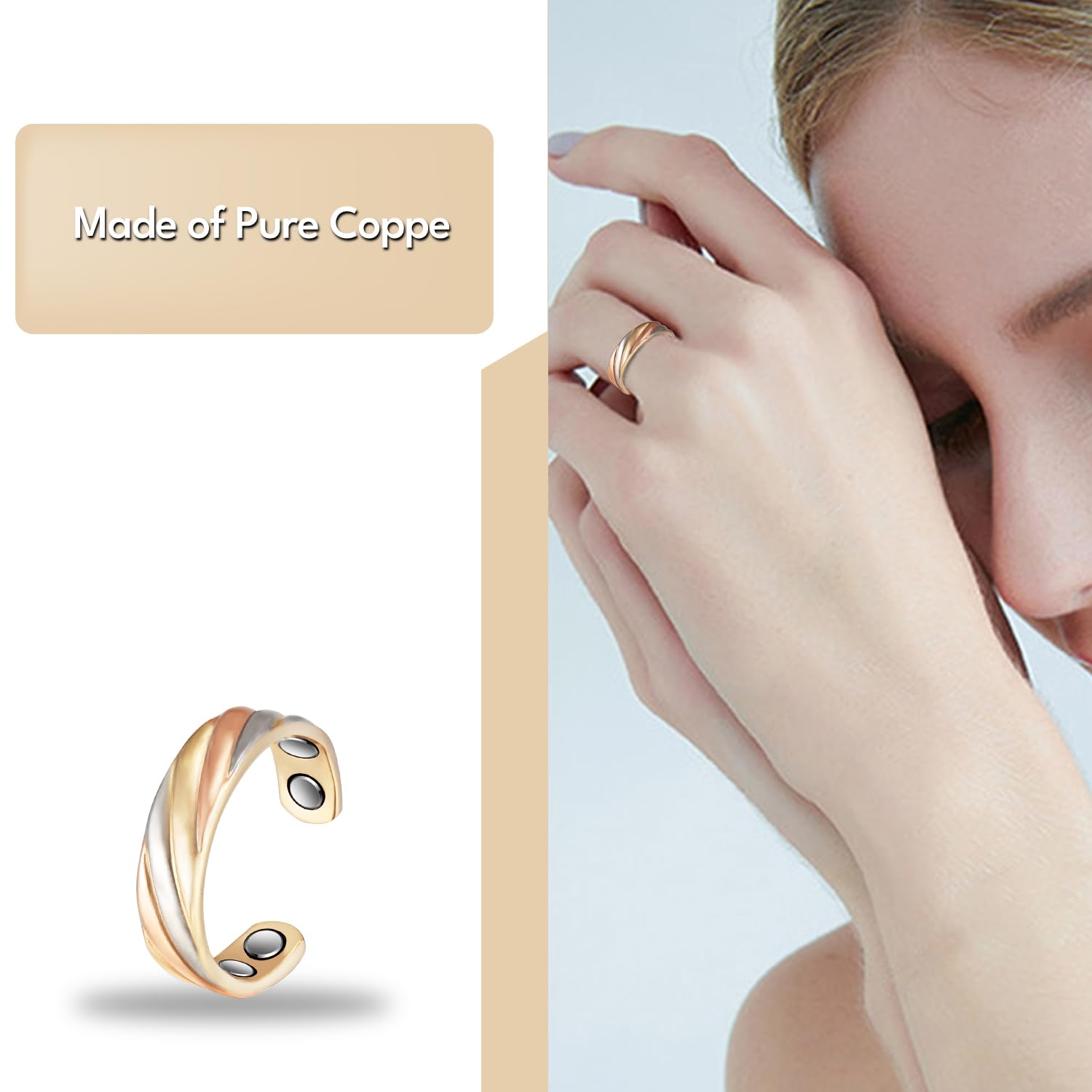 Wollet Tri Tone Copper Magnetic Ring for Women Men with Magnets Copper Ring Adjustable Jewelry