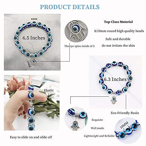 SONNYX 10 PCS Evil Eye Hamsa Blue Beaded Charm Stretch Bracelet Hand of Fatima Turkish Lucky Evil Eye Bracelet for Protection and Blessing 8MM 10MM