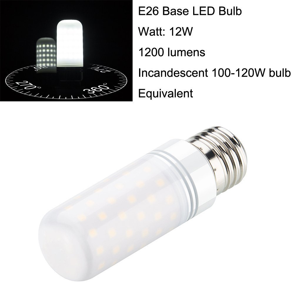 Rayhoo E26 E27 LED Light Bulbs Daylight 12W 1200 Lumens Incandescent 100-120W Bulb Equivalent, AC 85~265V, White 6000K, 4 Pack