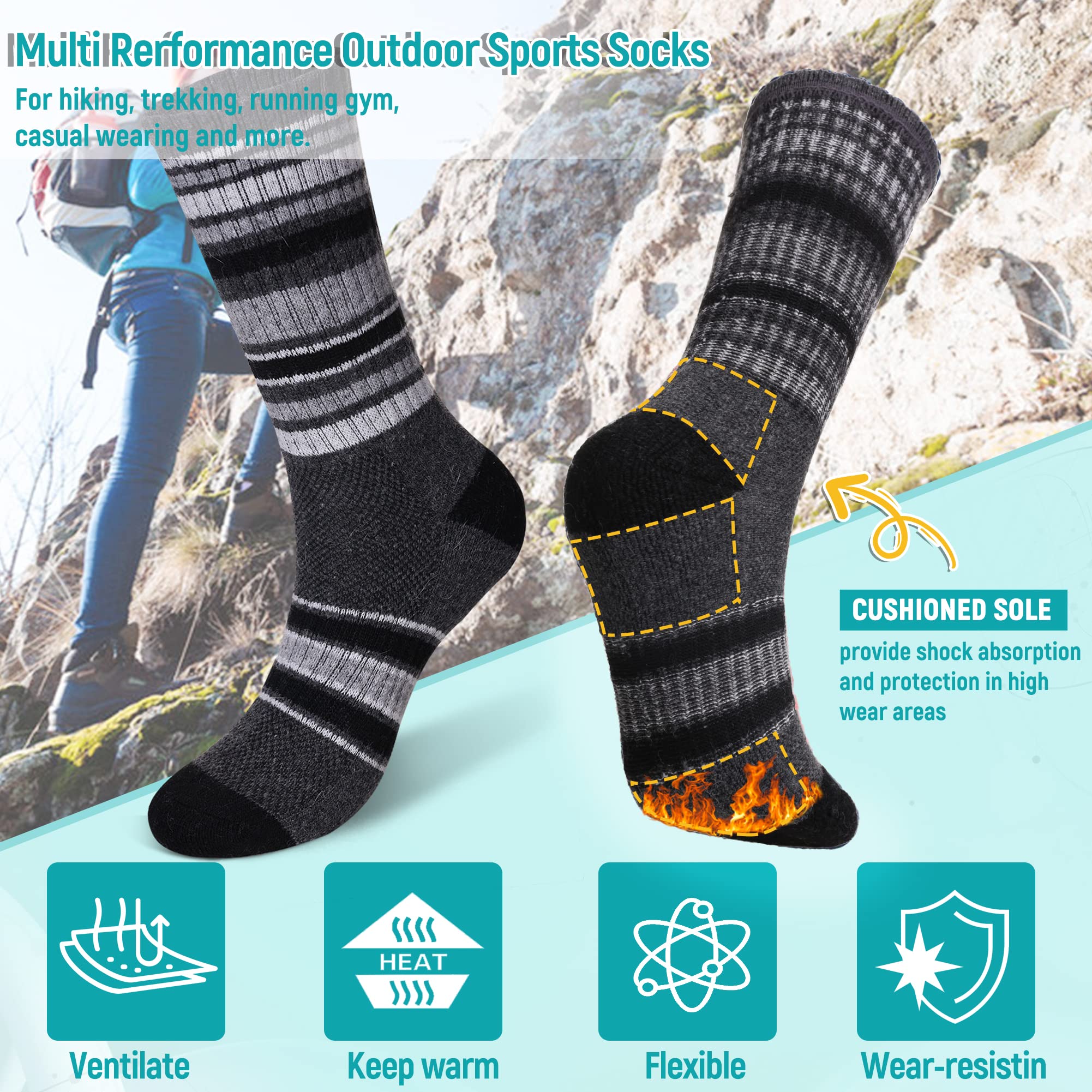 Women Hiking Socks Merino Wool Winter Warm Thermal Work Boot Cushioned Cozy Crew Socks 5 Pairs(Stripe-B)