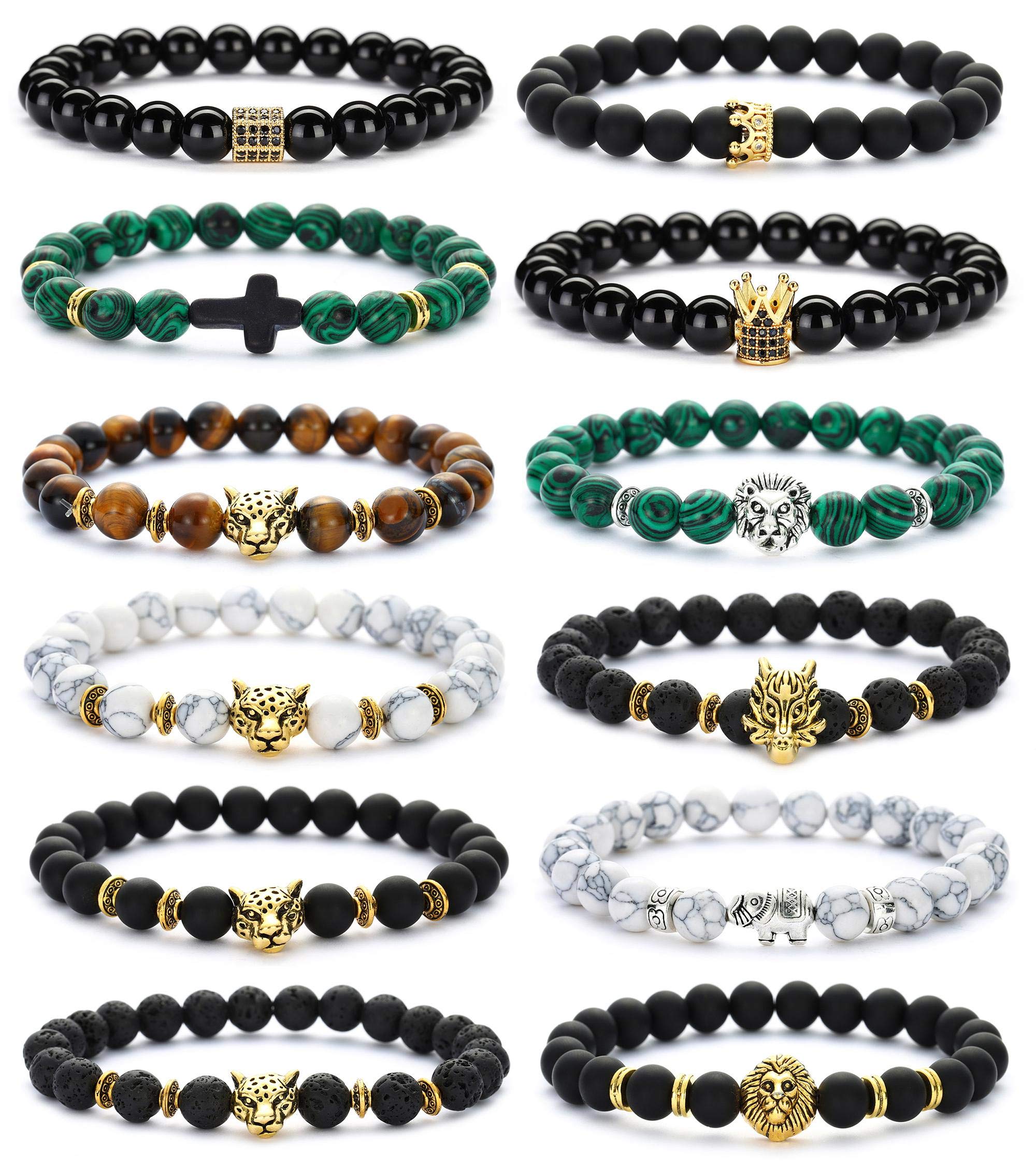 SONNYX 12 Pcs 8MM Lava Rock Stone Bead Bracelet for Men Women Crown King Charm Lion Leopard Head Natural stone Bracelet Set Adjustable Elastic