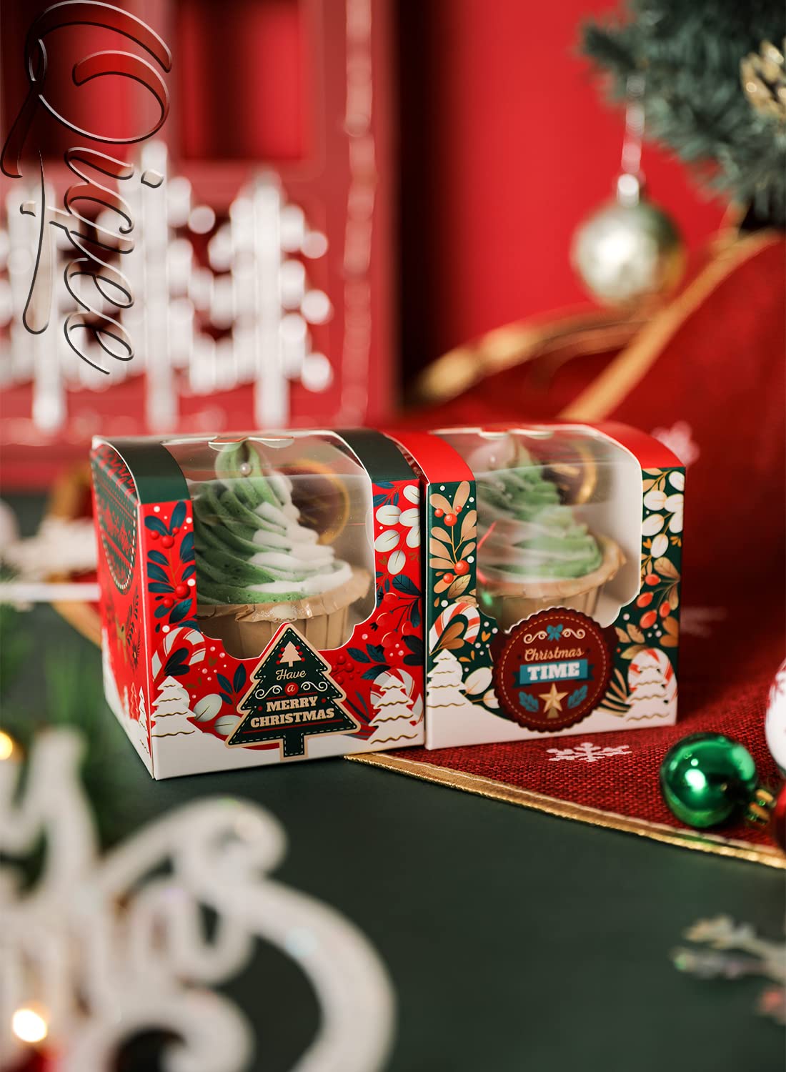 qiqee Christmas 100pcs Auto-Pop Up Mini Cupcake Boxes Individual 2.5" x 2.5" x 2.5" Single Cupcake Carrier Container for Christmas(Mini Size)