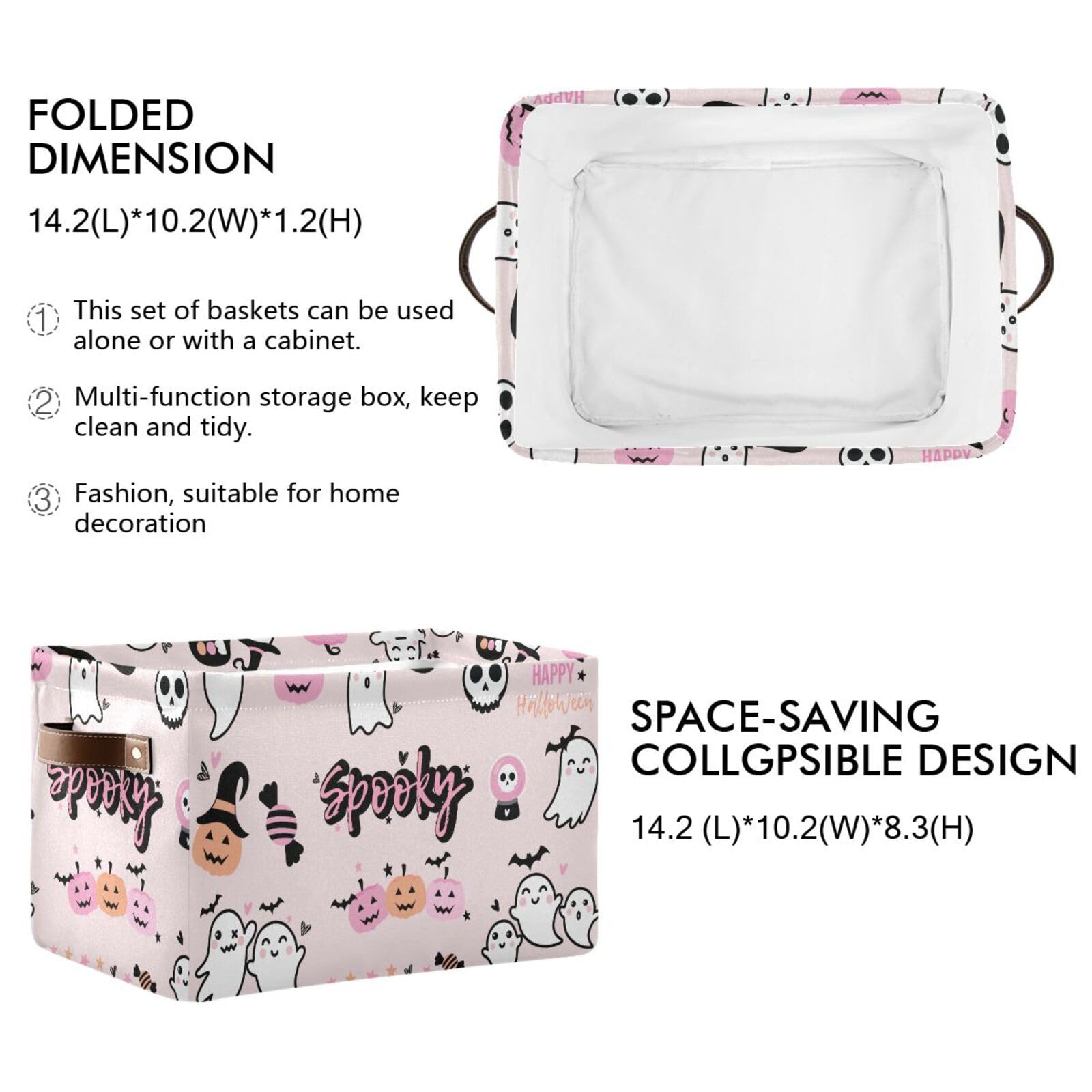 Sletend Foldable Canvas Storage Basket with Handles Halloween Cartoon Ghost Durable Storage Bin Organizer for Nursery Kids Shelves Desks Printed Canvas Storage Basket