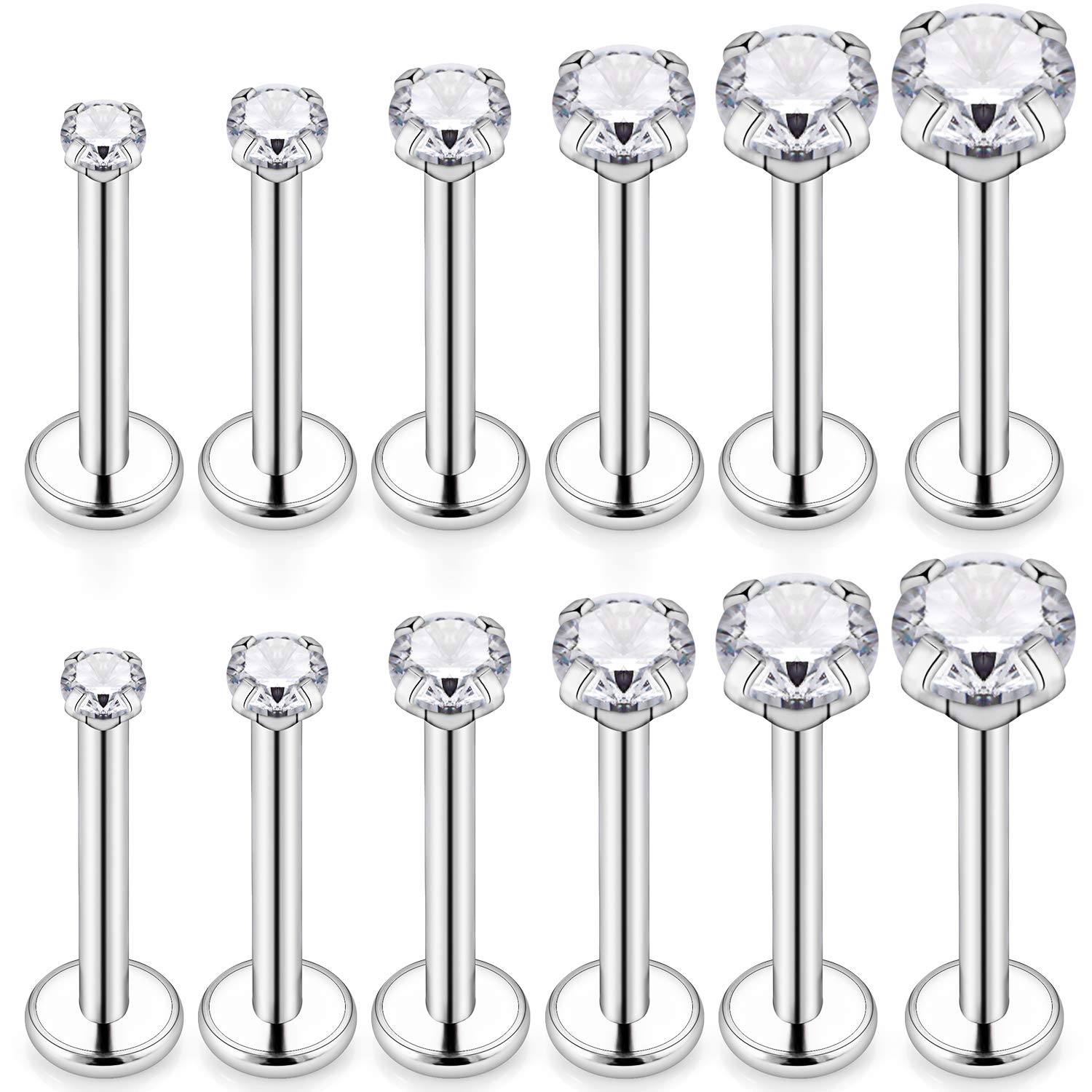 SCERRING 6 Pairs 16g Stainless Steel 2-4.5mm Prong Setting Clear CZ Internally Threaded Labret Monroe Lip Earring Ring Body Piercing Jewelry 10mm - Silver