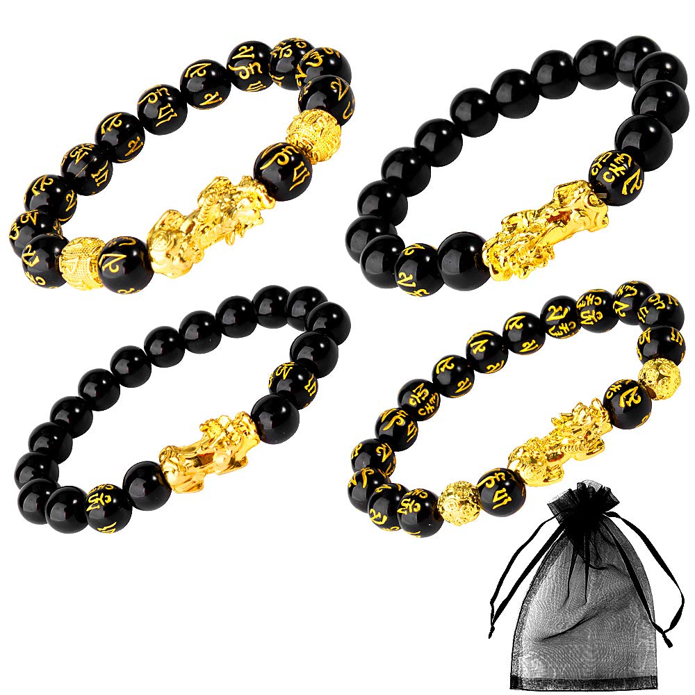 Sumfox 4 Pcs Feng Shui Bracelets Black Bracelet Elastic Bracelet Pi Xiu Beads Black Bracelet for Women Men