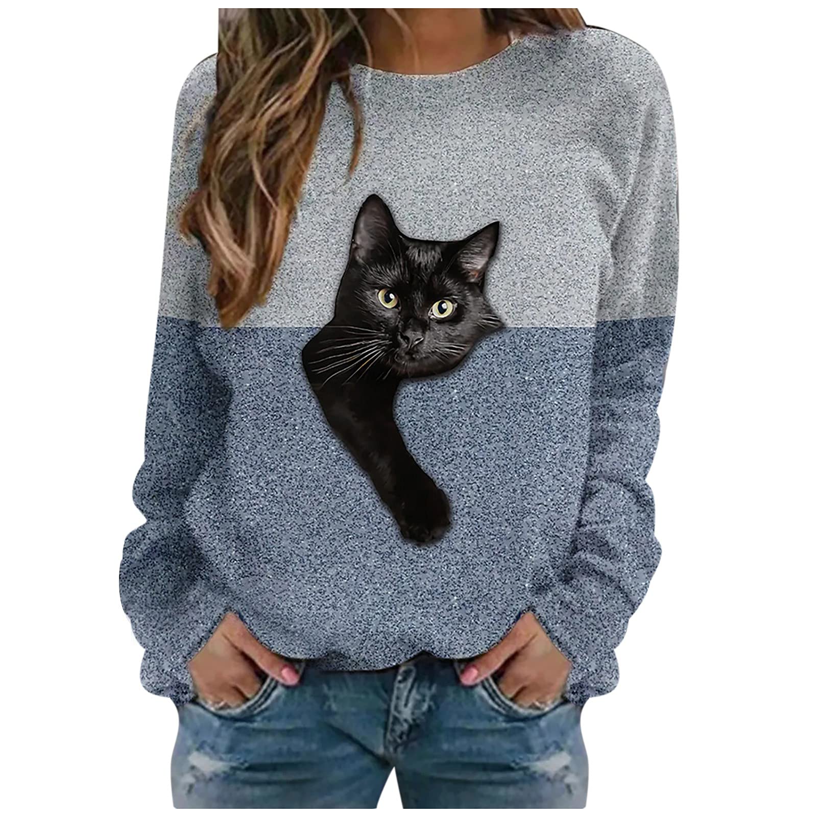 Womens Funny Cat Print Lightweight Sweatshirt Casual Long Sleeve Crewneck Pullover Top Cute 3D Graphic Cat Lover Shirt