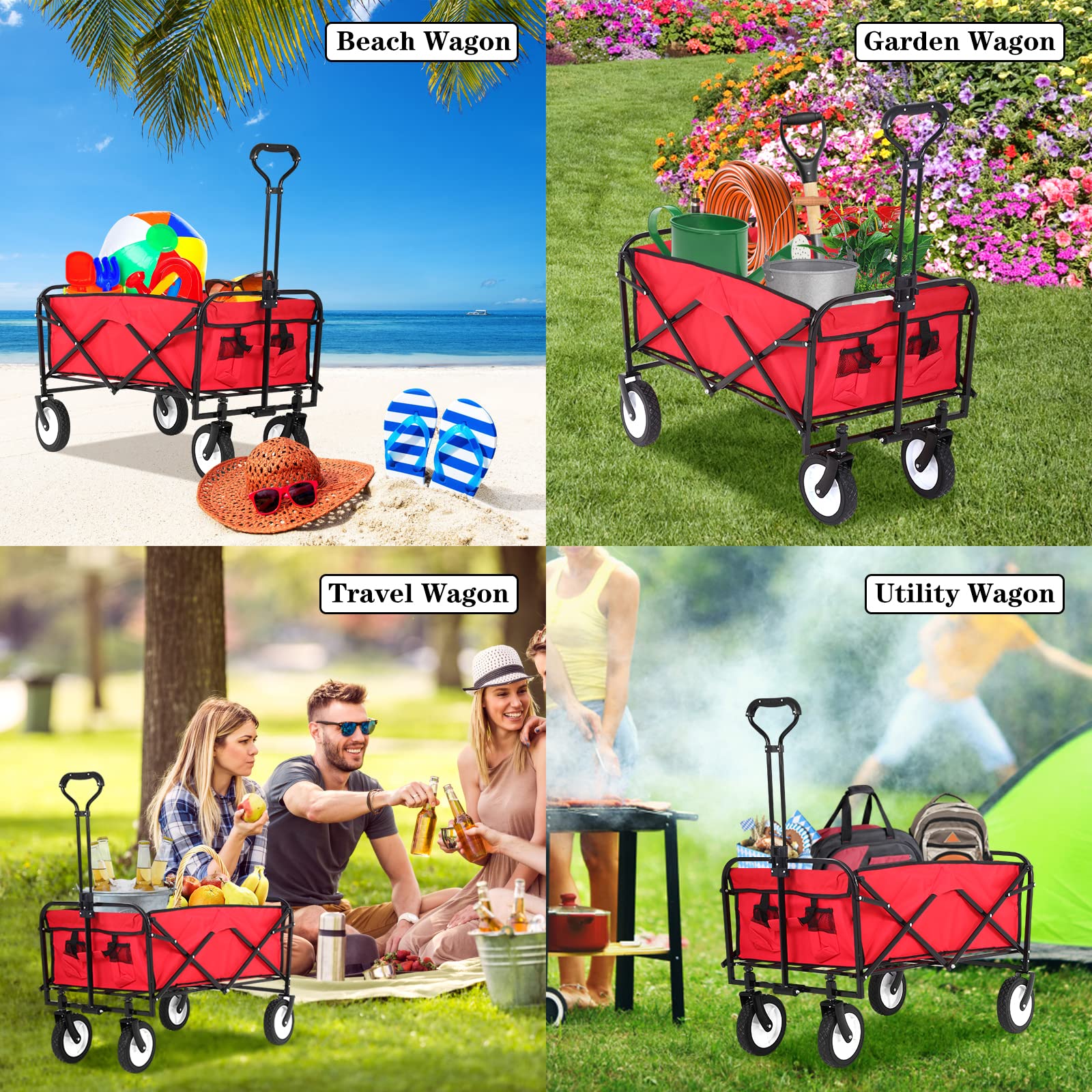 Pazidom Collapsible Wagon Large Capacity Folding Wagon Portable Beach Utility Wagon Cart Outdoor Foldable Garden Cart with All-Terrain Wheels & Adjustable Handle, Red