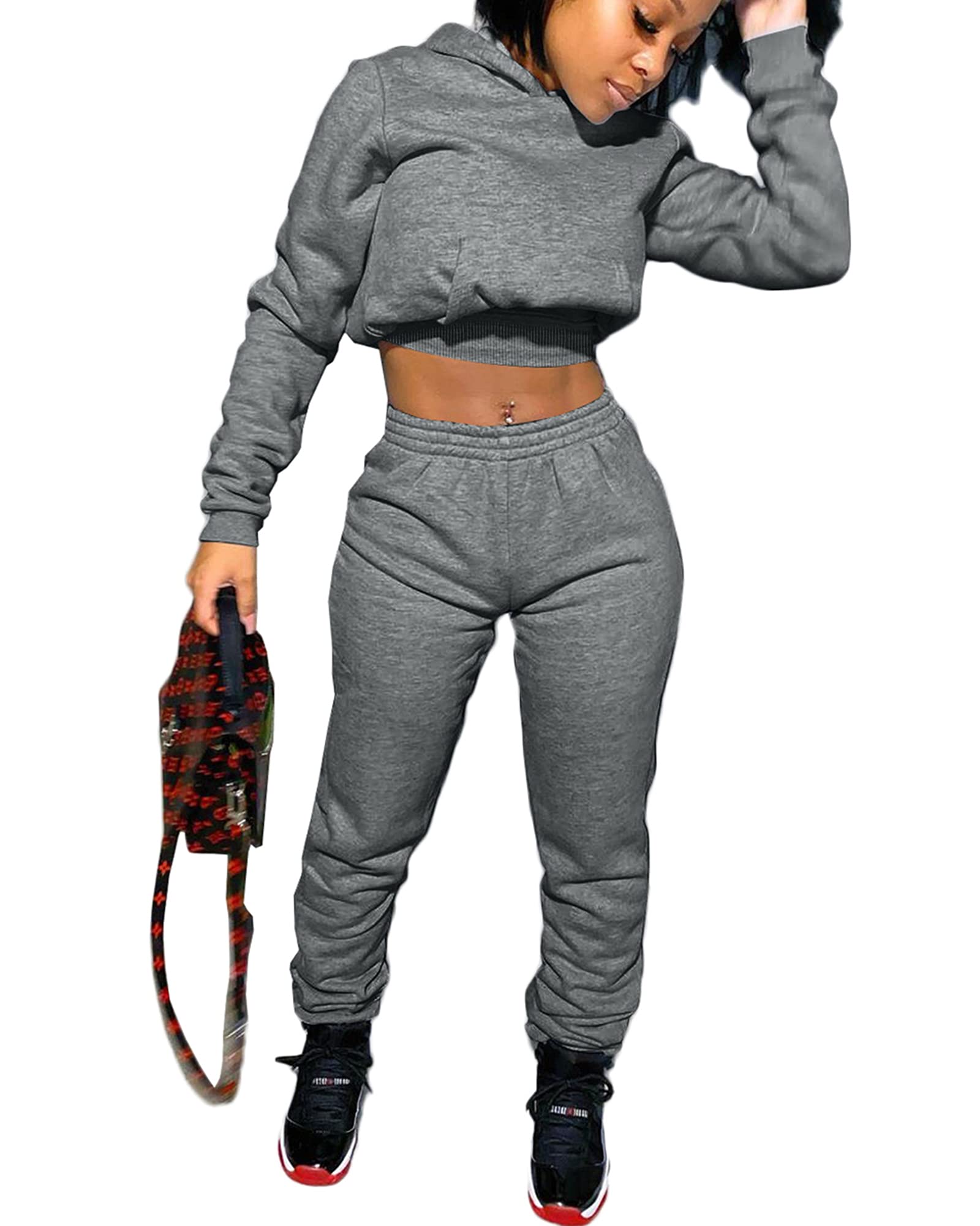 Womens Jogging Suits Sets, Two Piece Fall Outfits Hoodie Crop Top and Pants Tracksuit Set Deep Gray S