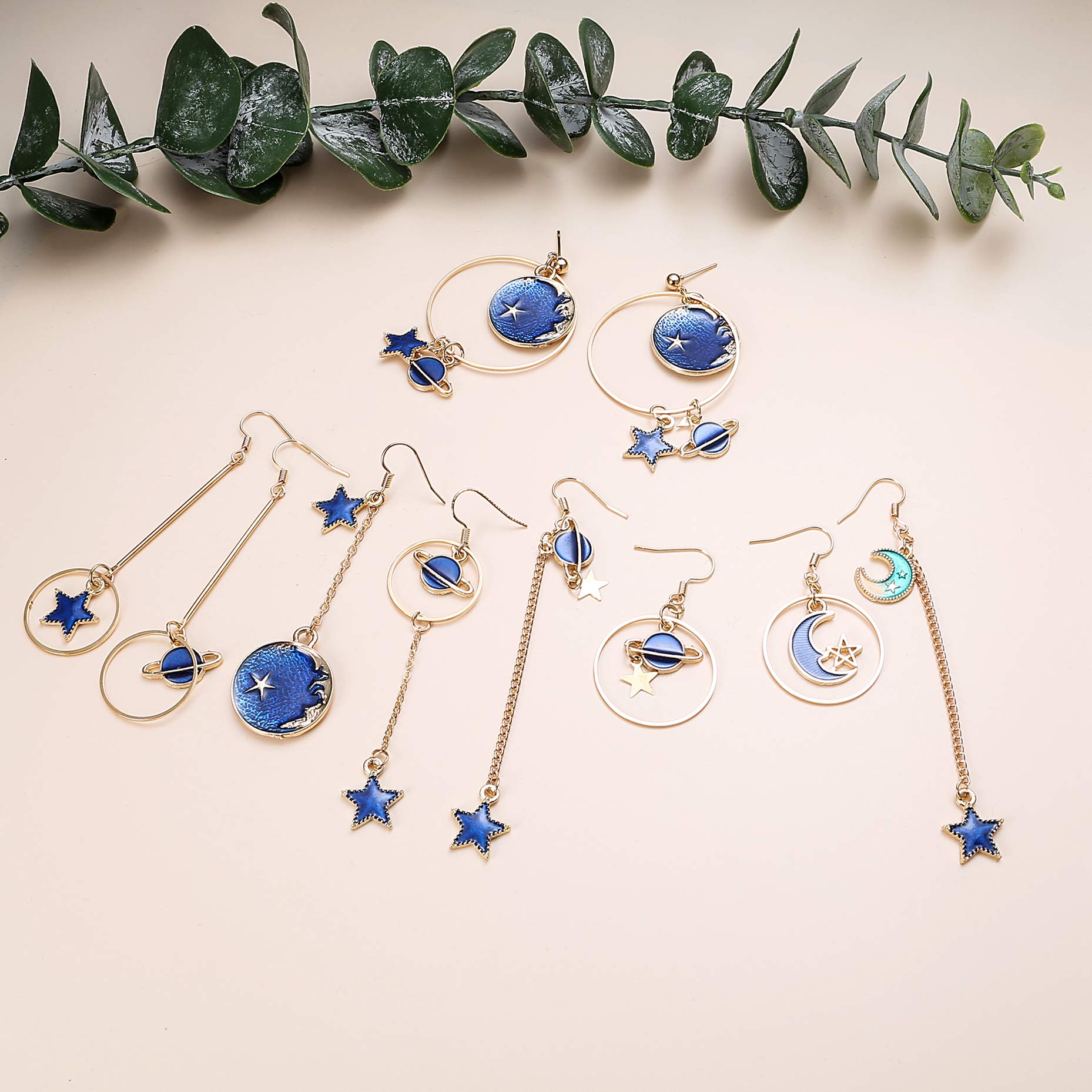 SAILIMUE 5 Pairs Enamel Moon Star Earth Planet Earrings Set Asymmetric Long Pendant Hook Dangle Stud Earrings for Women