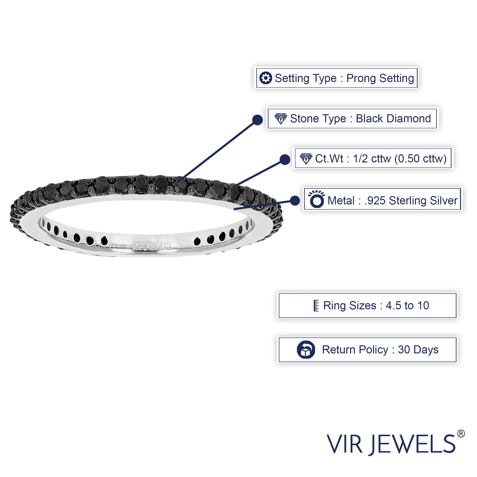 Vir Jewels 1/2 cttw Black Diamond Eternity Ring Wedding Band .925 Sterling Silver Prong Set Size 6.5