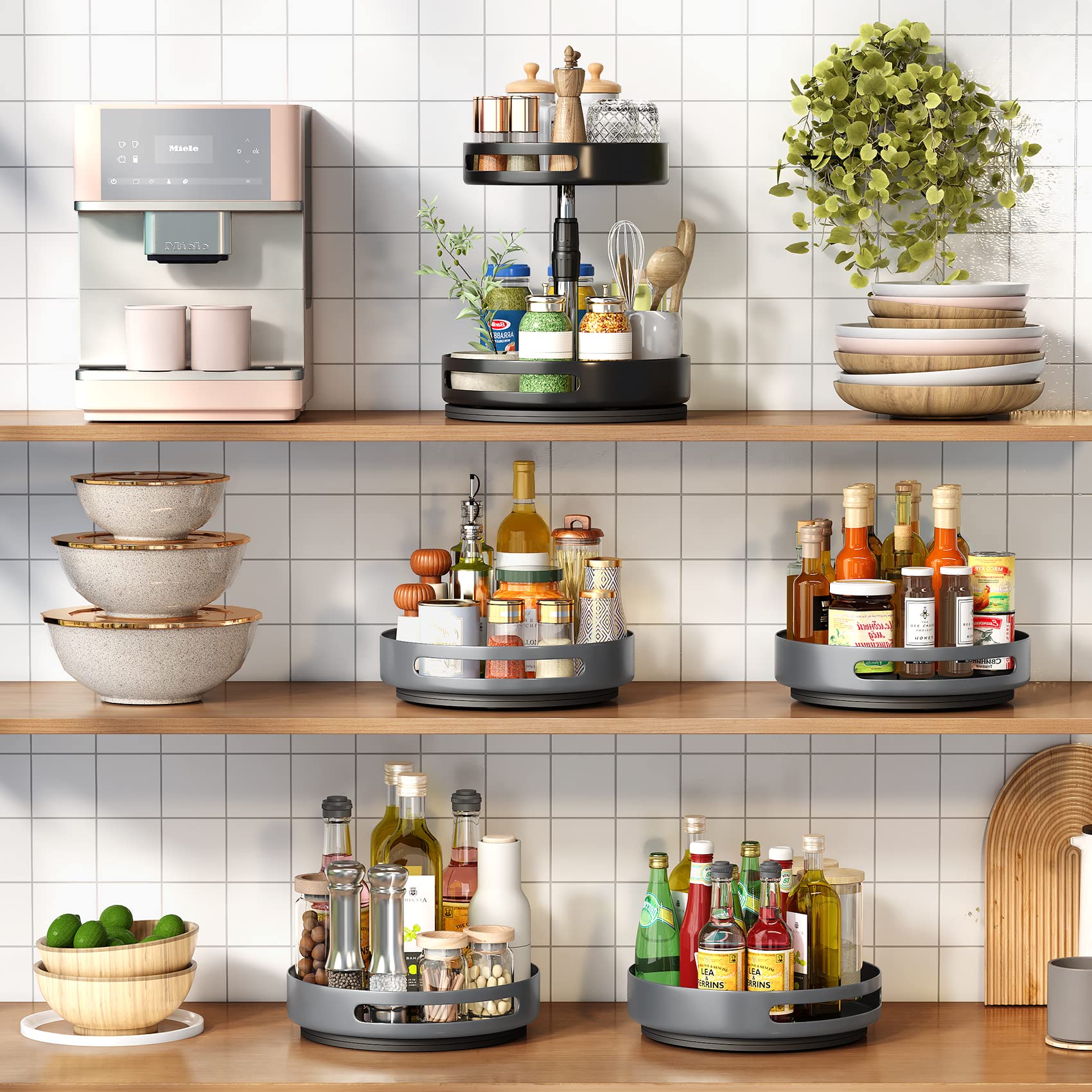 SNTD Lazy Susan Turntable Organizer Metal Steel Rotating Spice Rack for Cabinet Pantry Kitchen Countertop Refrigerator Cupboard (9 inches-Black 9'')