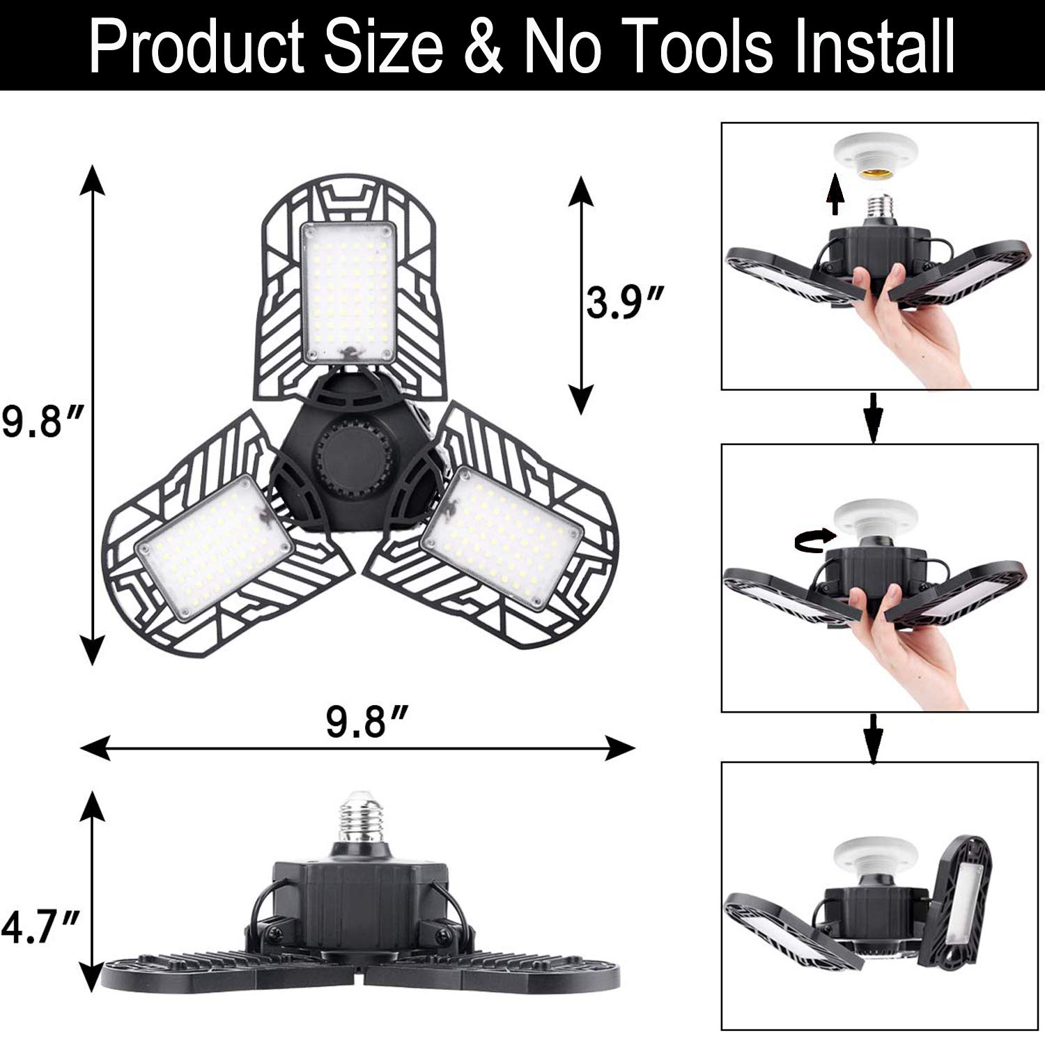 RGZZUP 6 Pack LED Garage Lights 80W,Three Panel Deformable Garage Lighting,8000LM High Bright LED Garage Light 6000K 110V E26/E27 Super Bright Adjustable LED Ceiling Lights for Garages Warehouse