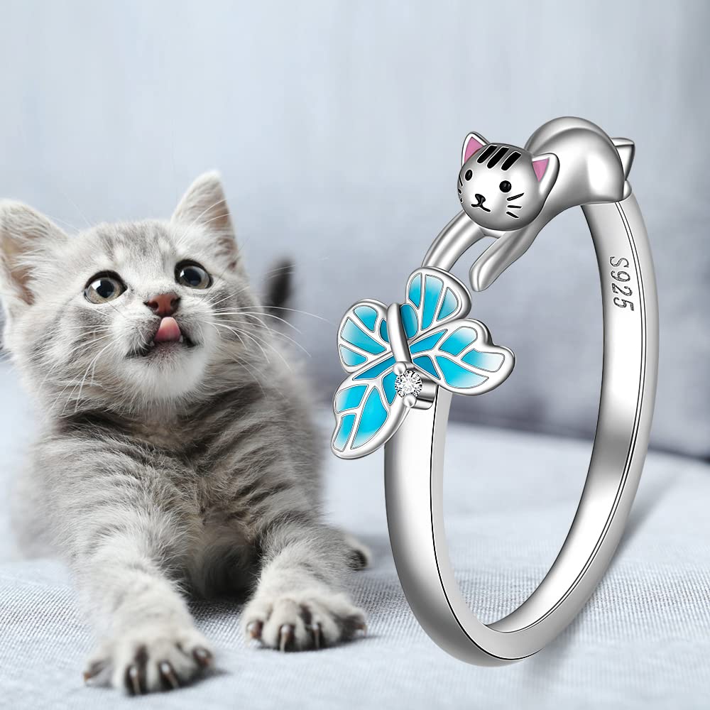 Women Cat Ring 925 Sterling Silver Cat Wrap Around Ring Butterfly Rings for Women Cat Crazy Kitty Jewelry Size 8