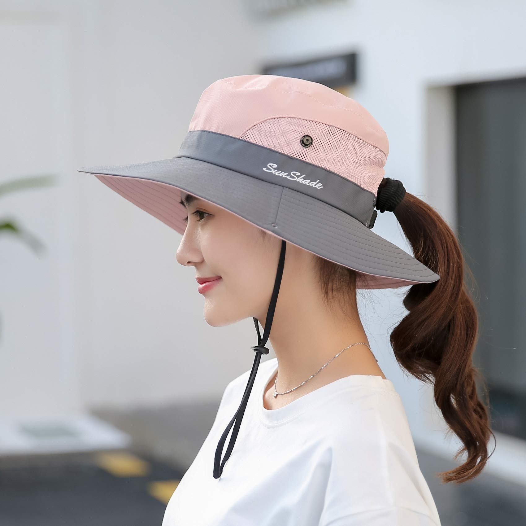 Womens Summer Sun-Hat Outdoor UV Protection Fishing Hat Wide Brim Foldable-Beach-Bucket-Hat with Ponytail-Hole Pink