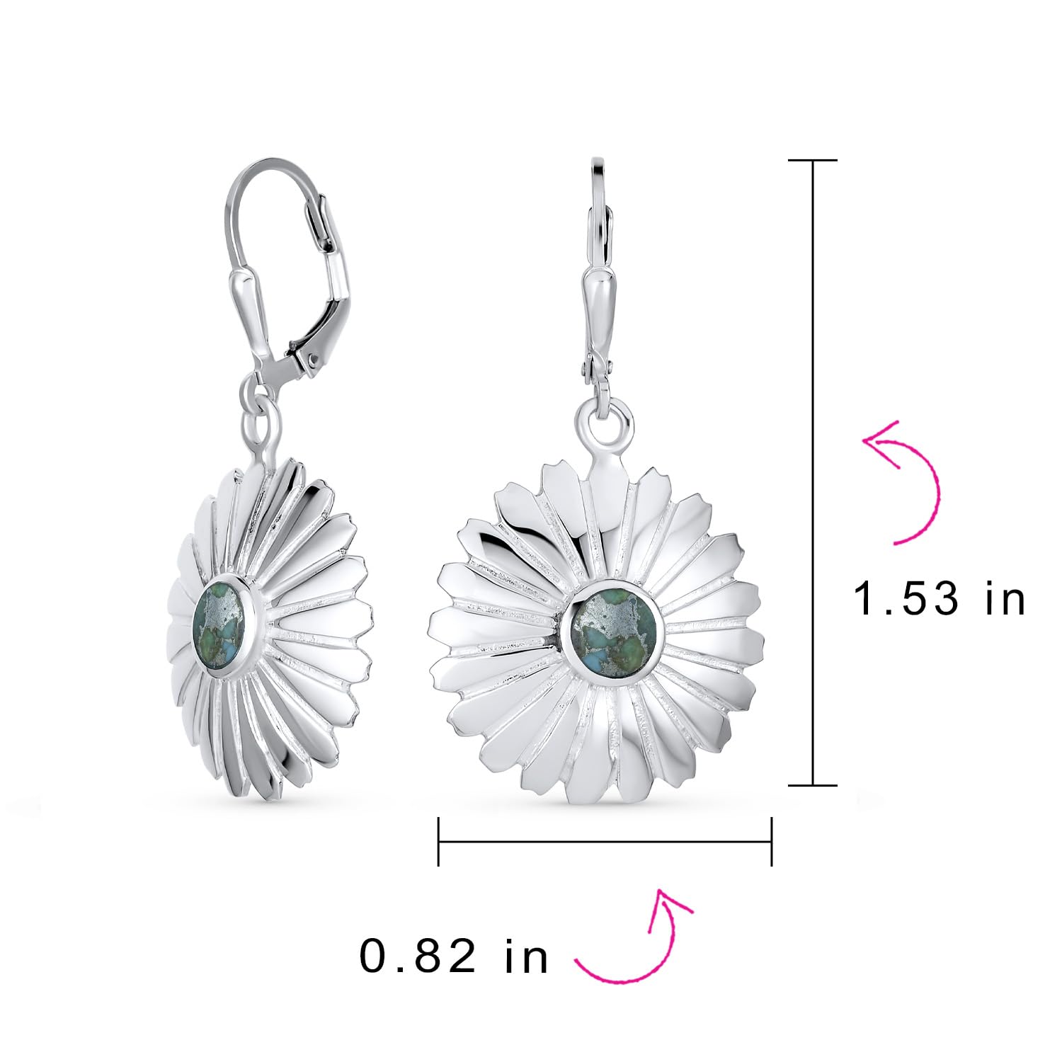 Native American South Western Concho Carved Petal Flower Blossom Blue Turquoise Lever Back Dangle Earrings Women .925 Sterling Silver