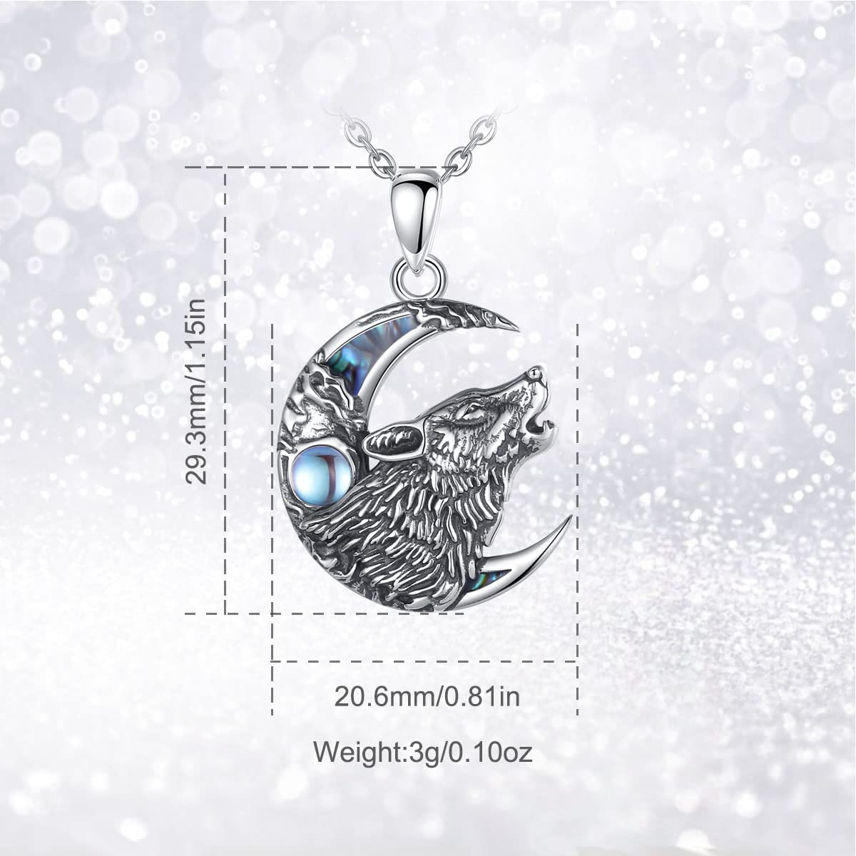 Vito Sterling Silver Wolf Moon Necklace for Women Men, Viking Wolf Moonstone Crescent Pendant Abalone Oxidized Jewelry Gifts, 18 Inch Chain