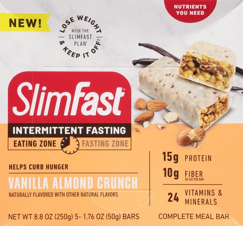 SlimFast Intermittent Fasting- Complete Meal Protein Bars, Vanilla Almond Crunch, 5 Bars (Pack of 1)
