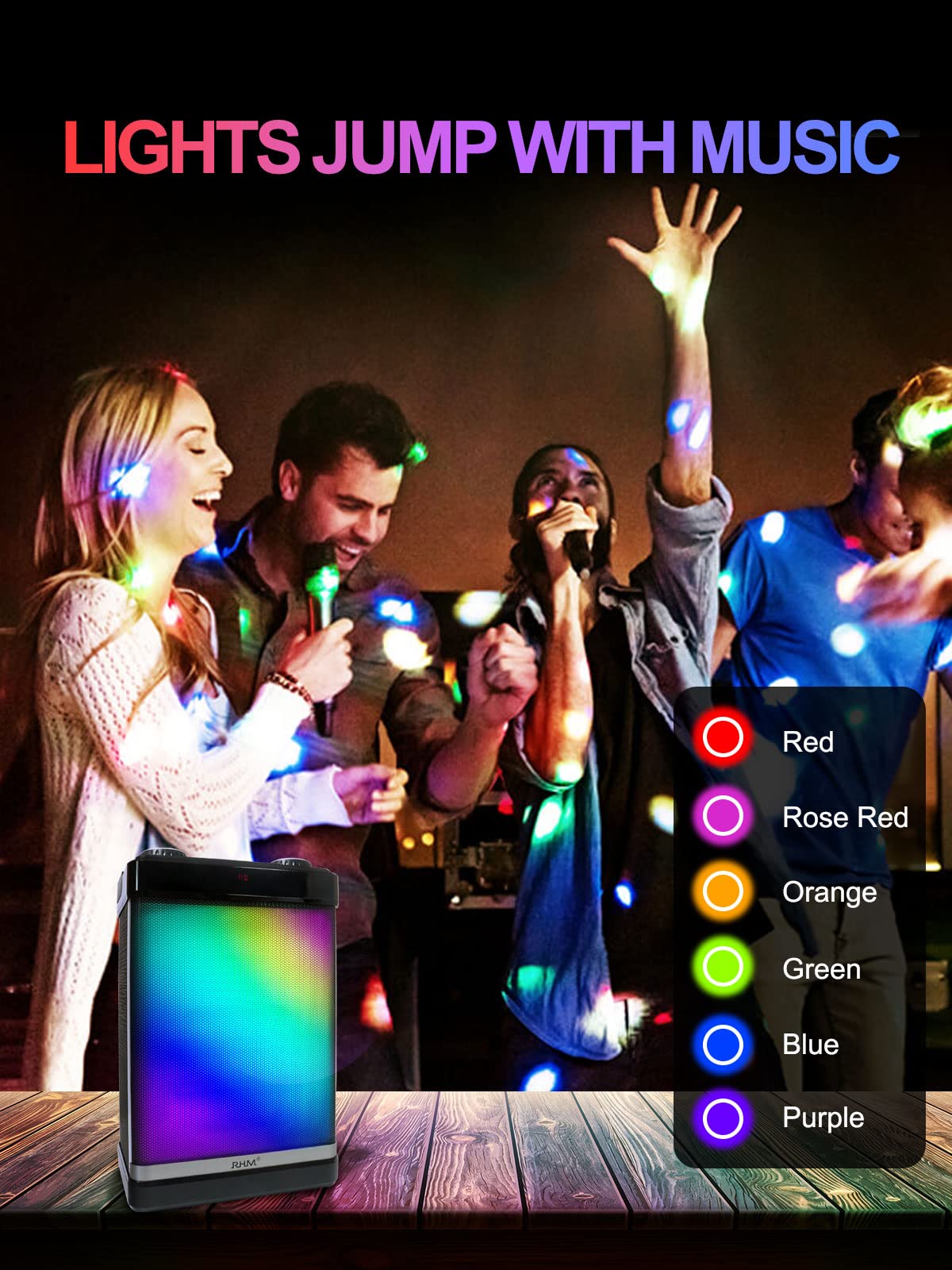 RHM K112 Karaoke Machine with 6 Color Change, Portable Bluetooth Speaker with Microphone, LED Lights & Rechargeable Battery, Support Bluetooth/AUX/USB/SD/FM Radio for Home, Party, Picnic
