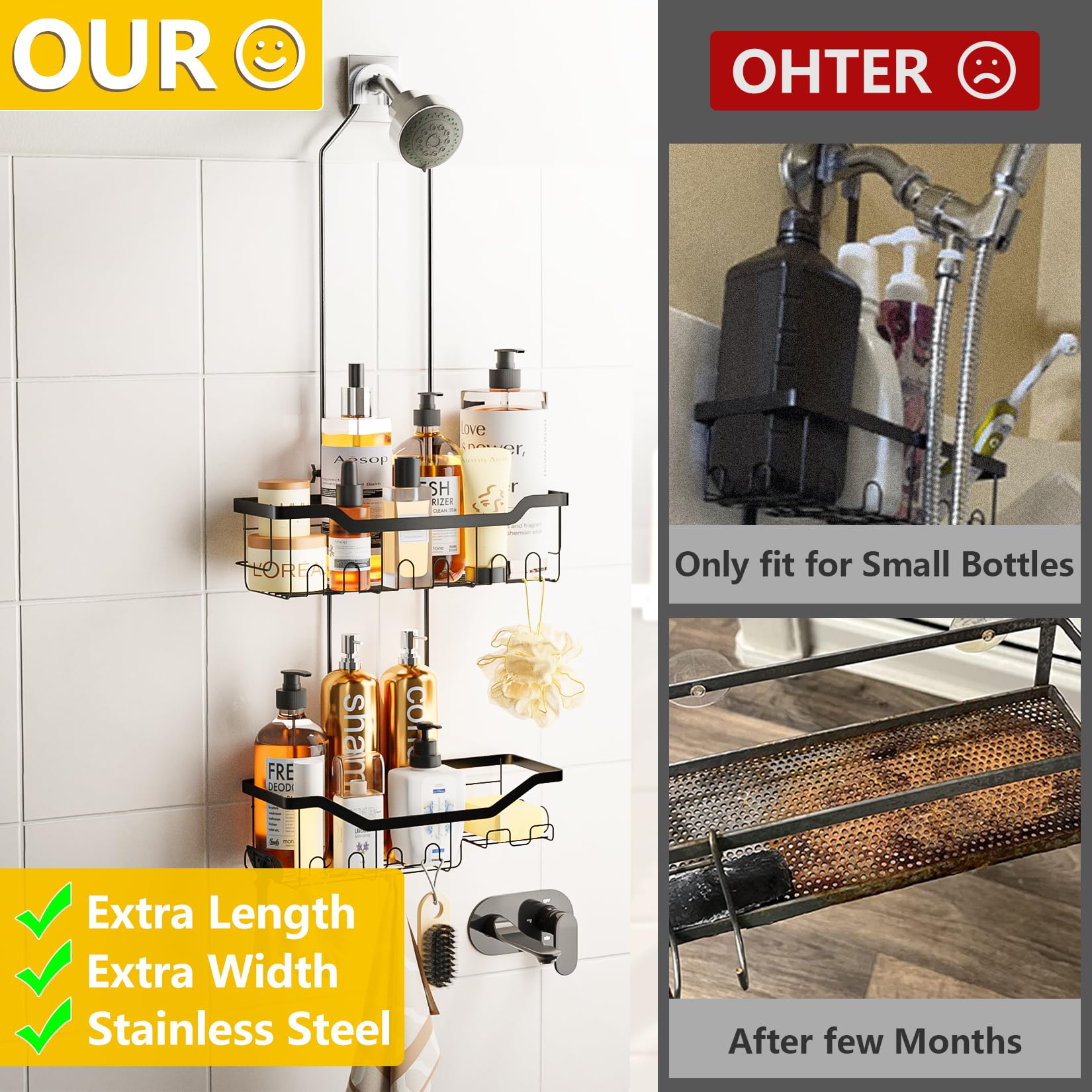 Skyapex Hanging Shower Caddy Over Showerhead: Extra Long Adjustable Shower Organizer Hanging No Blocking to Shower Head - Large Capacity Shower Caddy Hanging with Hooks Shampoo Soap Holder