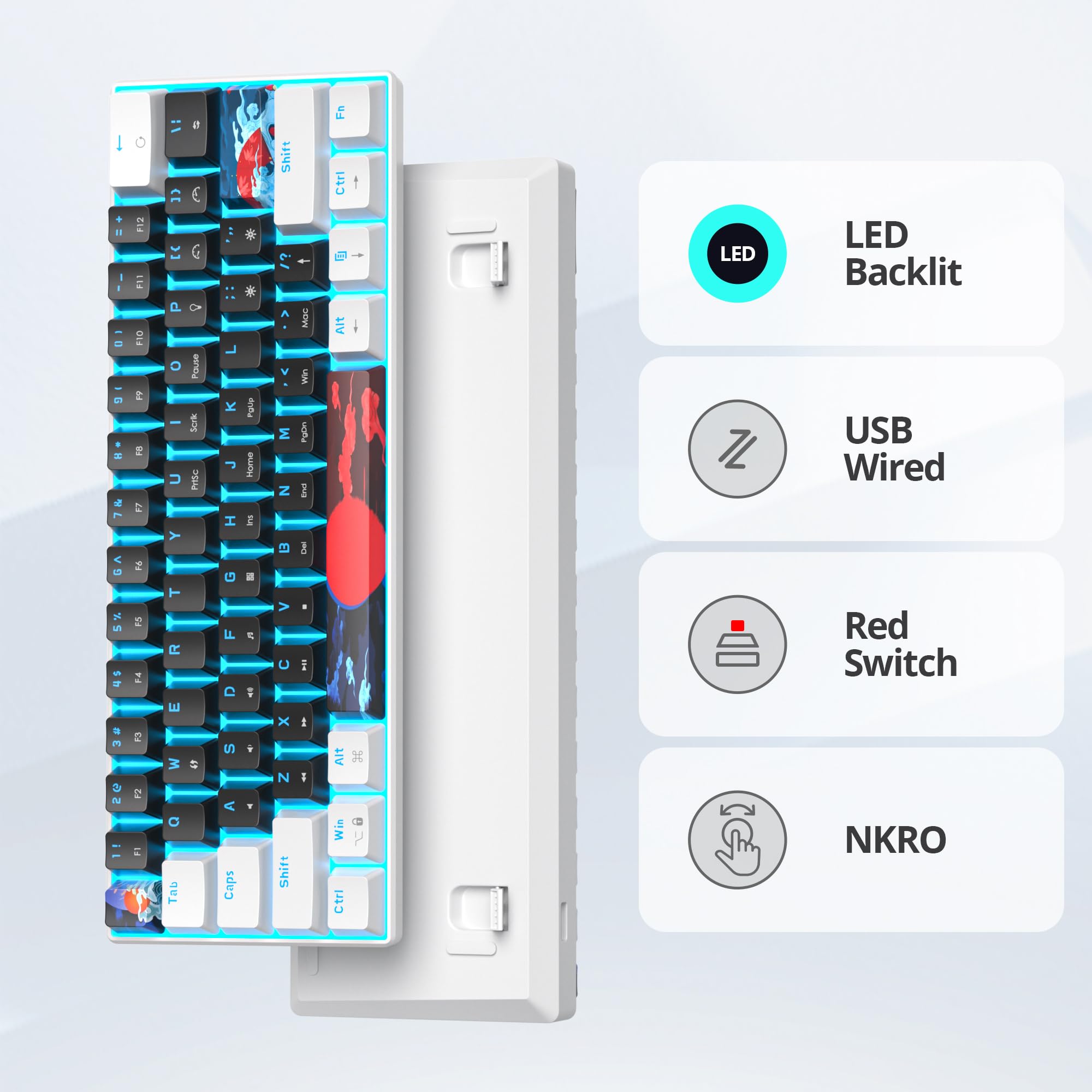Ussixchare 60% Mechanical Keyboard Mini Gaming Keyboard 60 Percent with Red Switch Wired Type-C Cable Mini Keyboard with Blue Light Backlight for Laptop/PC Gamer(Black-White)