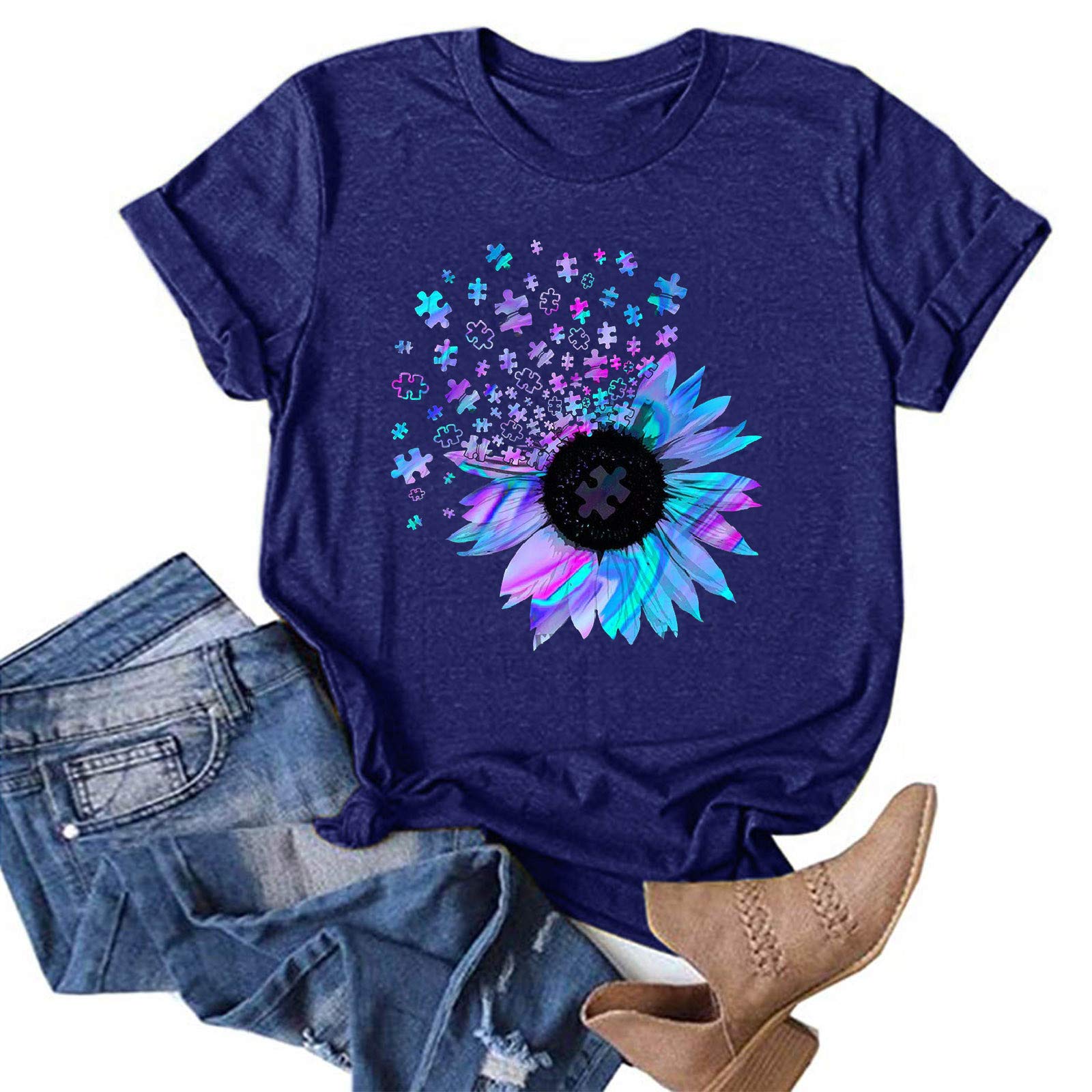 Summer Tops for Women Casual Short Sleeve Loose Fit Sunflower Graphic Tees Vintage Shirts Blouses (Medium, Blue)