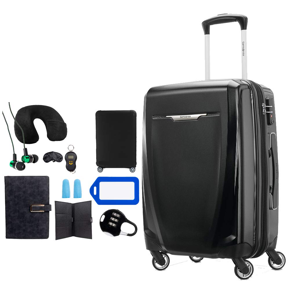 Samsonite Winfield 3 DLX Spinner 56/20 Carry-On, Black (120752-1041) with Deco Gear 10 Piece Luggage Accessory Ultimate Travel Bundle
