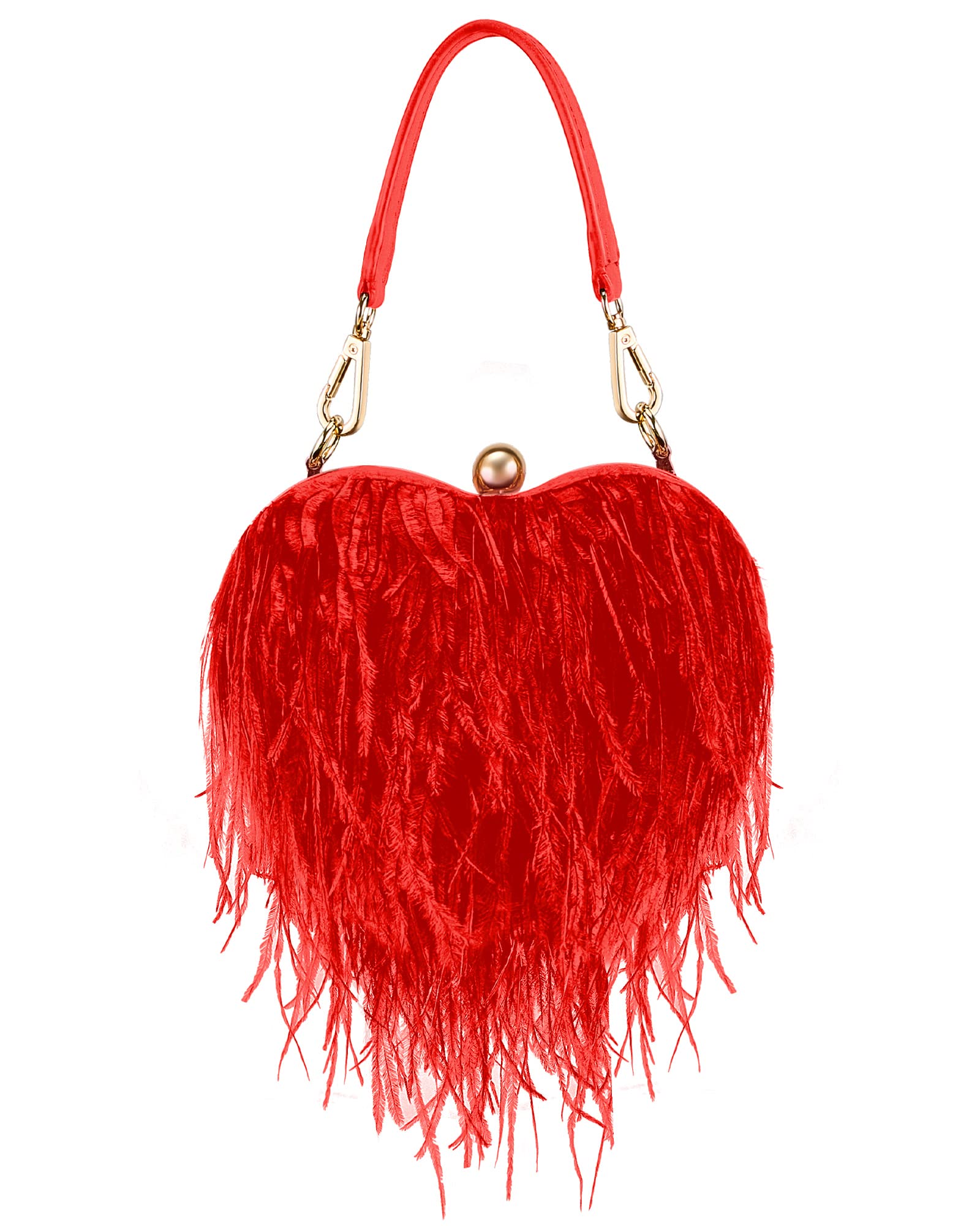 Women Ostrich Feather Tote Bag Heart Shaped Fluffy Purse Clutch Feather Purse Feather Evening Handbag for Wedding Party(Red)
