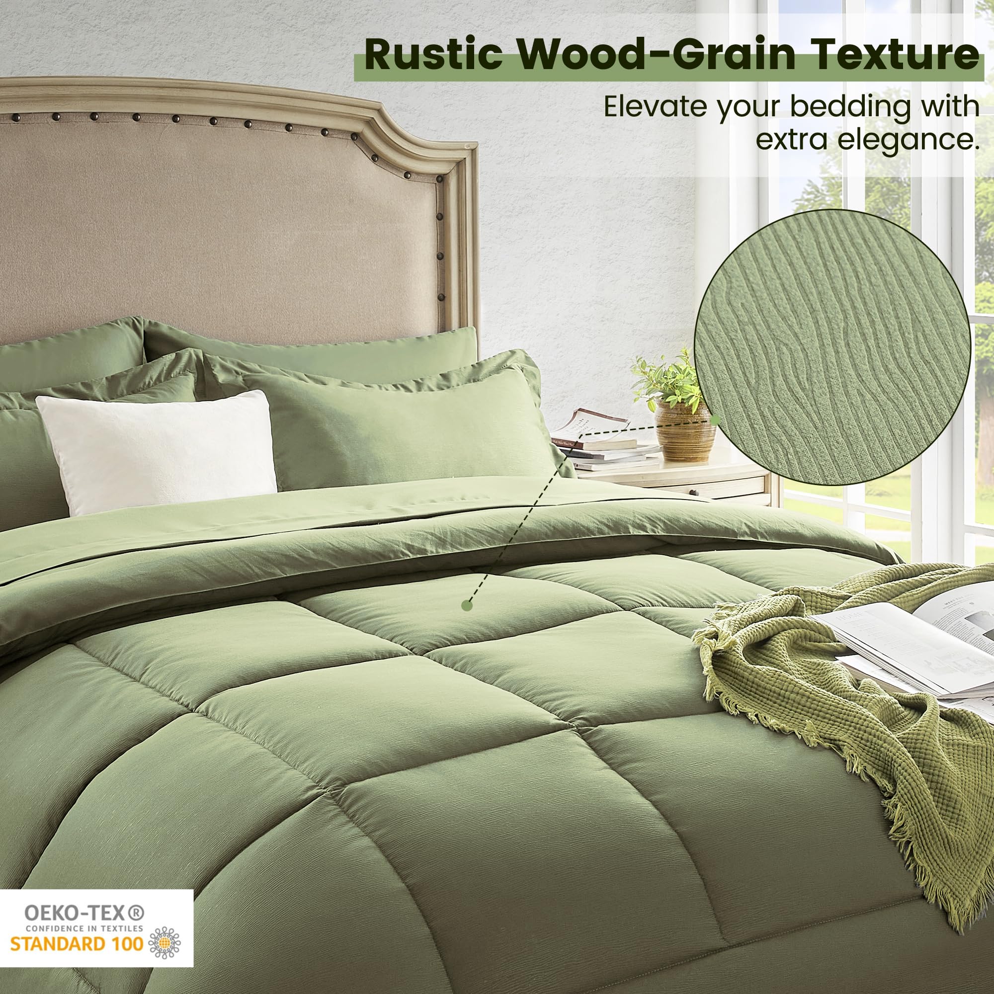 QUIETSEA King Size Bed in a Bag 7 Pieces Comforter Set King, Wood Grain Texture Bedding Comforter Set Green Bed Set with Comforter, Pillowcases, Flat Sheet, Fitted Sheet and Pillow Shams