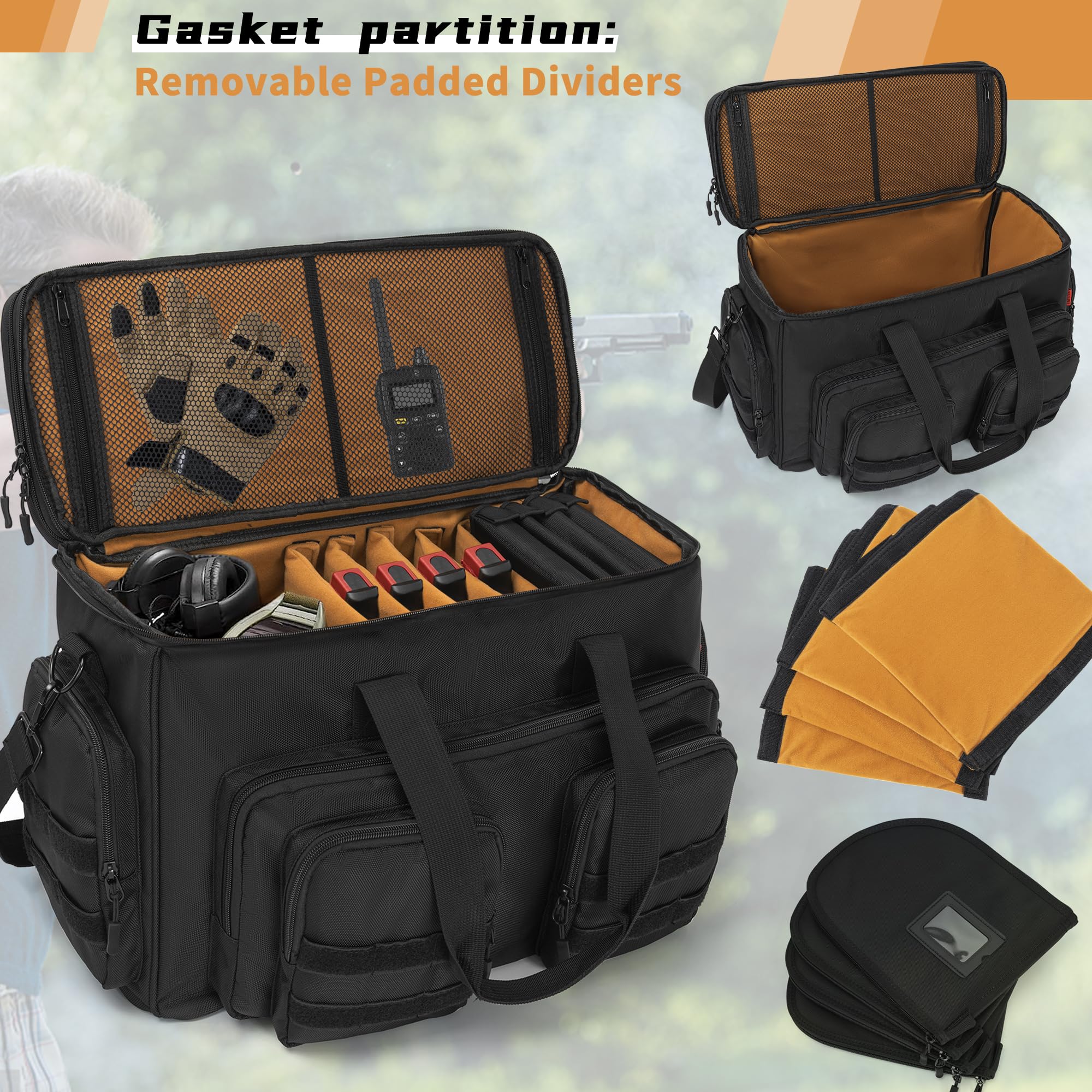 OUUTMEE Tactical Pistol Range Bag with 4 Pistol Cases, Shooting Duffle Range Pistol Bag with 5 Compartments, Multiple Magazine Slots and Extra Pockets for Ammo and Essentials