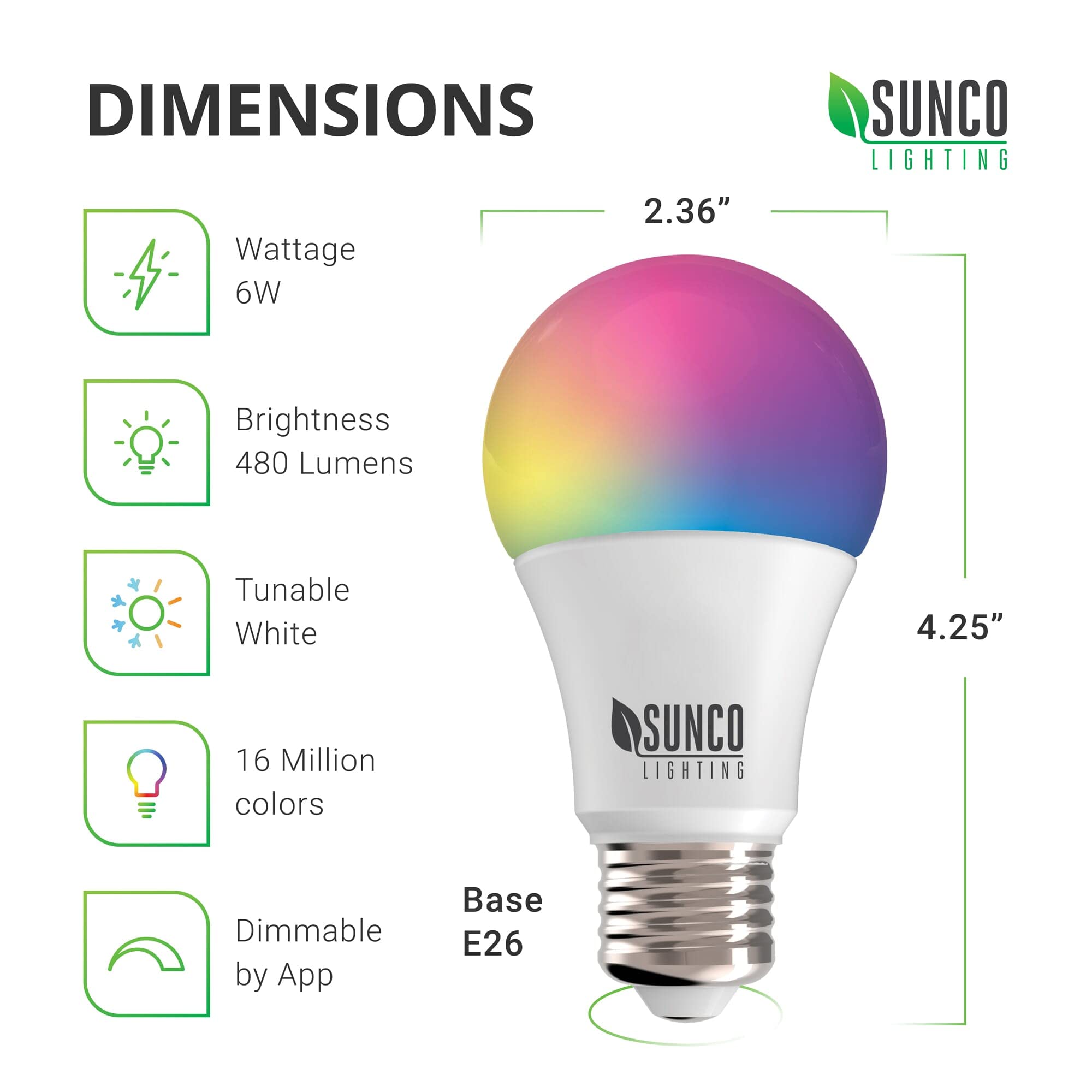 Sunco 4 Pack Smart WiFi Bulbs Alexa, A19 Dimmable Smart LED Color Changing RGB, 6W, 480 LM, E26 Base, Multicolored, Compatible with Amazon Alexa & Google Assistant, Tunable White