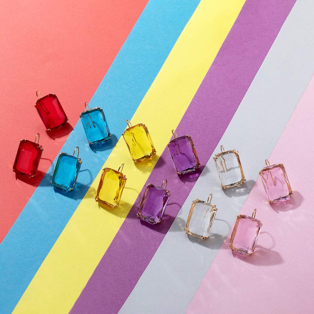 Square Transparent Glass Drop Earrings for Women Multicolor Trendy Geometric Dangle Earrings Minimalist Statement Jewelry Wedding Gift-6 Set