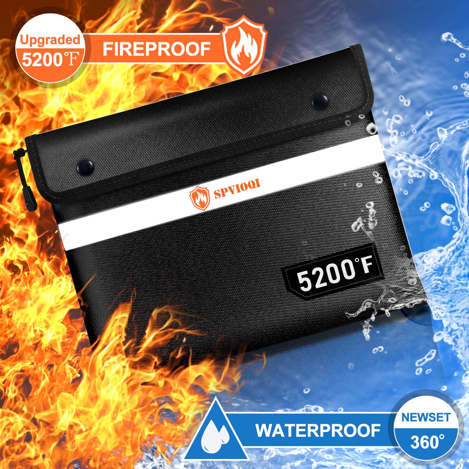 SPVIOQI Fireproof Document Bag 5200°F with Heat Insulated, Fireproof Money Bag for Cash with Zipper and Reflective Strip, 14.2” X 11” Fireproof Safe Storage Pouch for Valuables